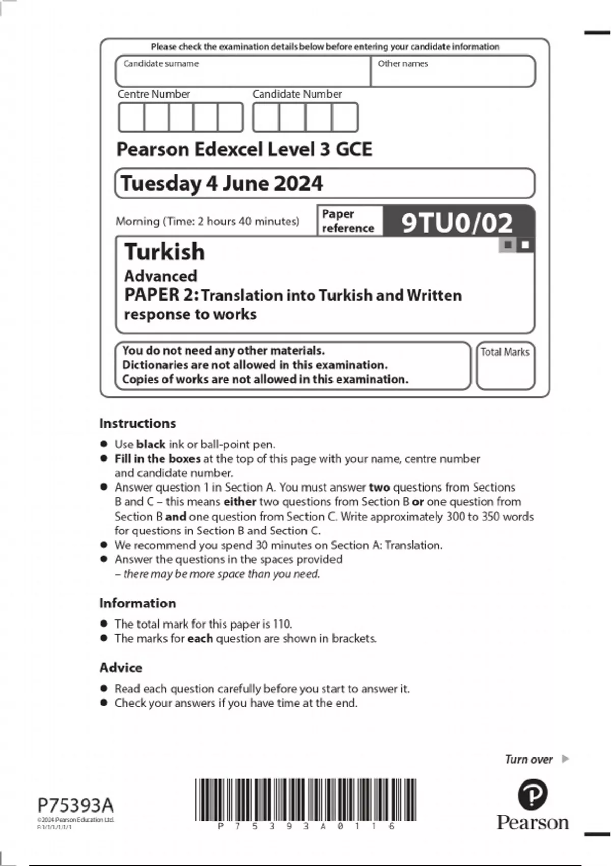 Pearson Edexcel Level 3 GCE Turkish Advanced PAPER 2: Translation into ...