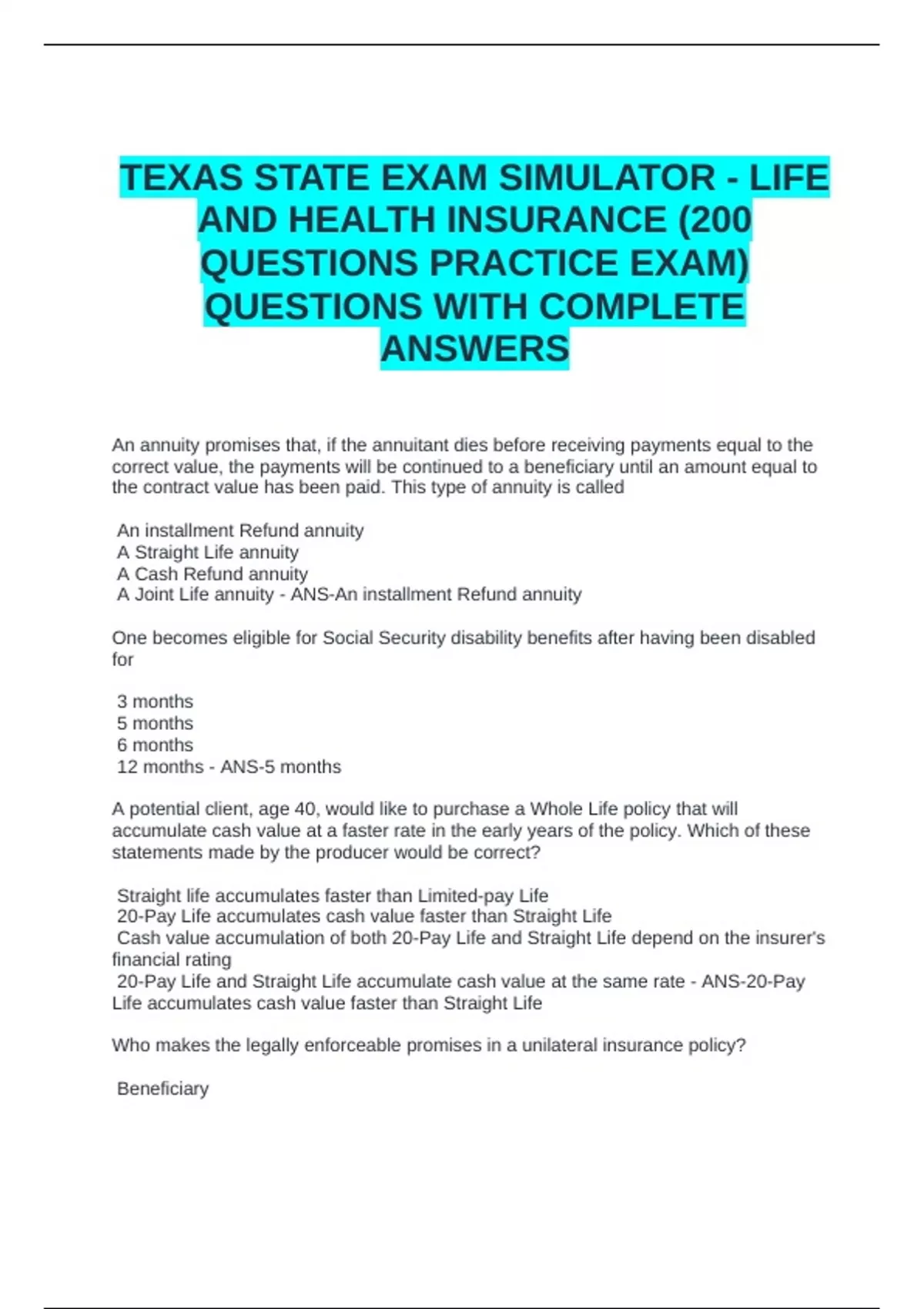 TEXAS STATE EXAM SIMULATOR - LIFE AND HEALTH INSURANCE (200 QUESTIONS ...