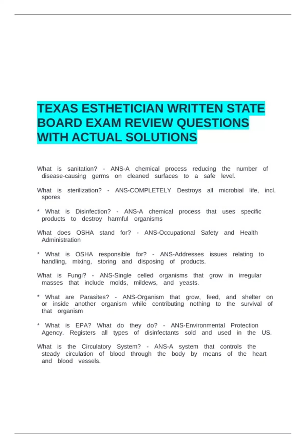 TEXAS ESTHETICIAN WRITTEN STATE BOARD EXAM REVIEW QUESTIONS WITH ACTUAL ...