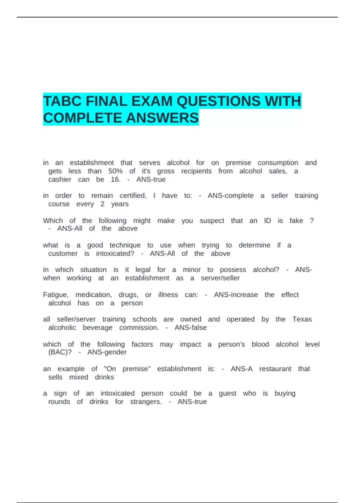 Tabc Final Exam Questions With Complete Answers Texas Board Stuvia Us