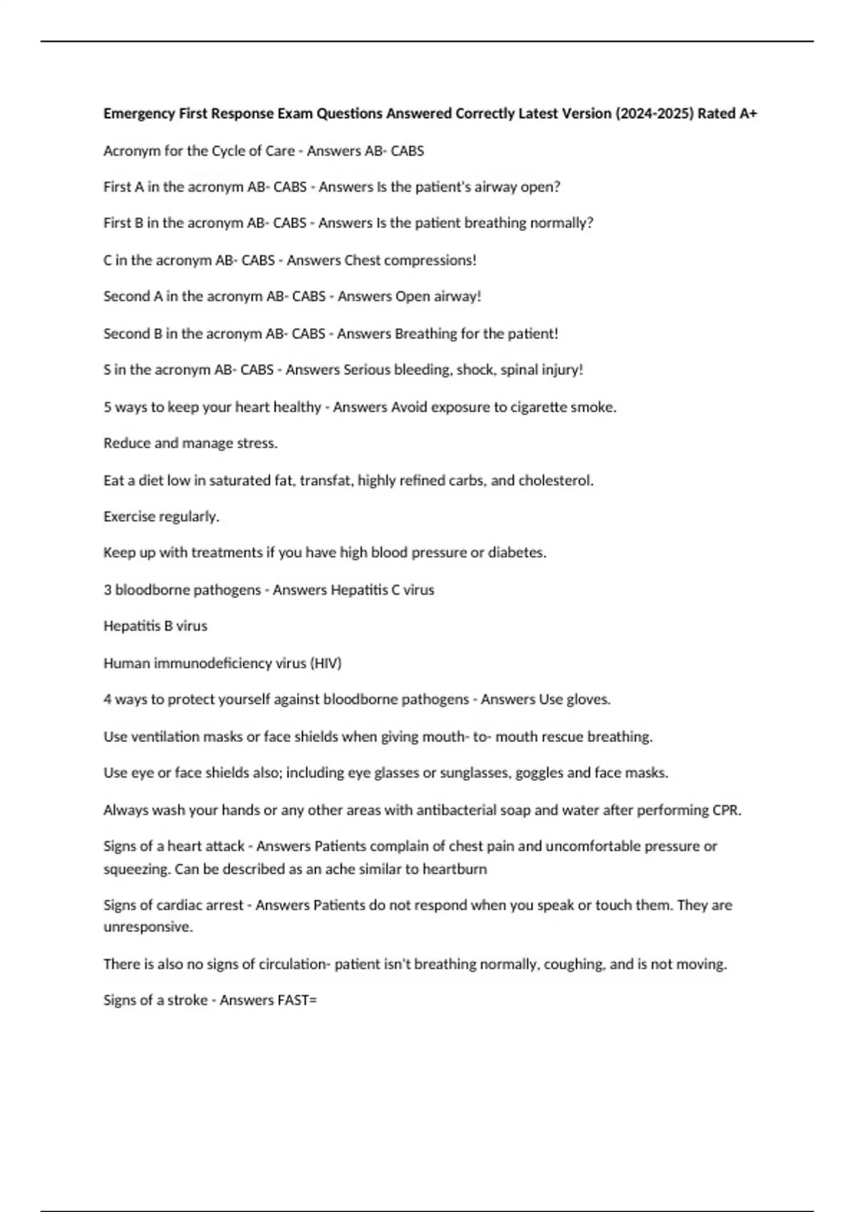 Emergency First Response Exam Questions Answered Correctly Latest ...