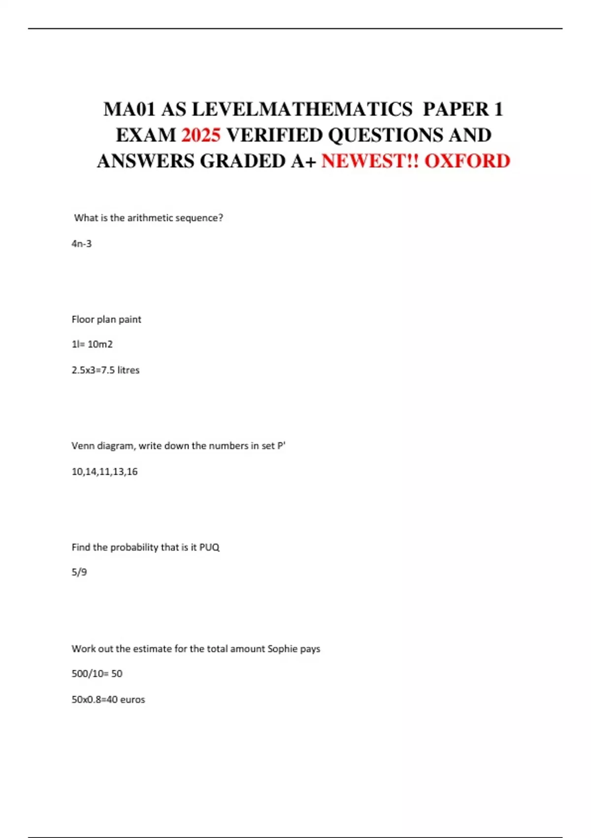 MA01 AS LEVELMATHEMATICS PAPER 1 EXAM 2025 VERIFIED QUESTIONS AND ...