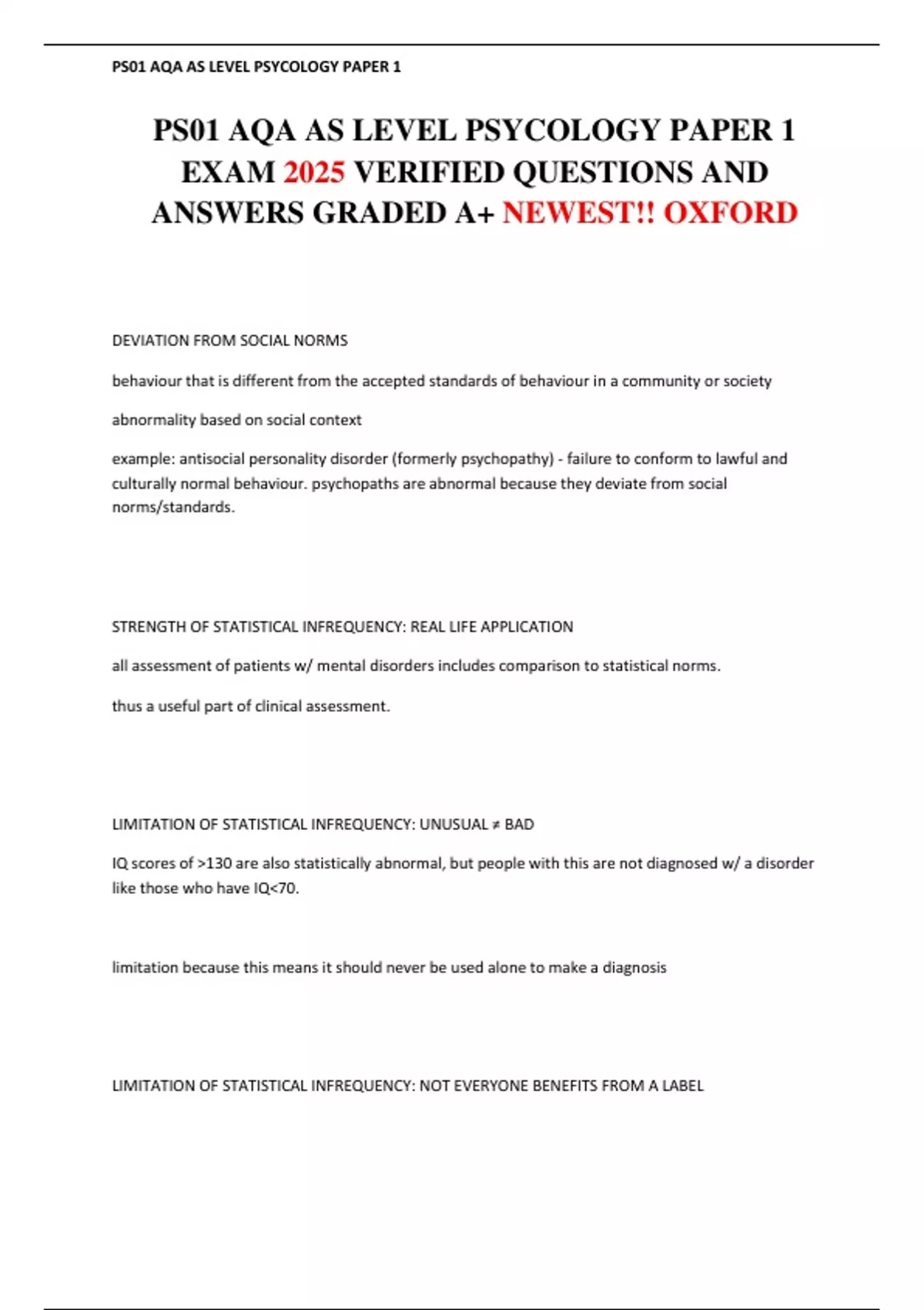 PS01 AQA AS LEVEL PSYCOLOGY PAPER 1 EXAM 2025 VERIFIED QUESTIONS AND ...