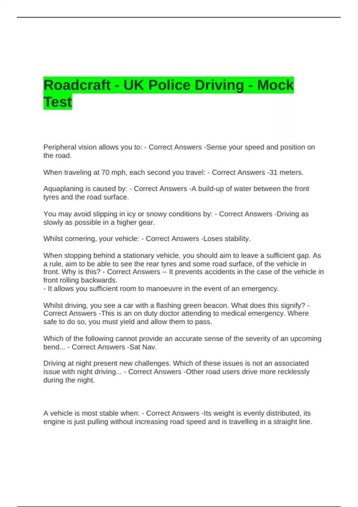 Roadcraft - UK Police Driving - Mock Test 100% solved - Roadcraft ...