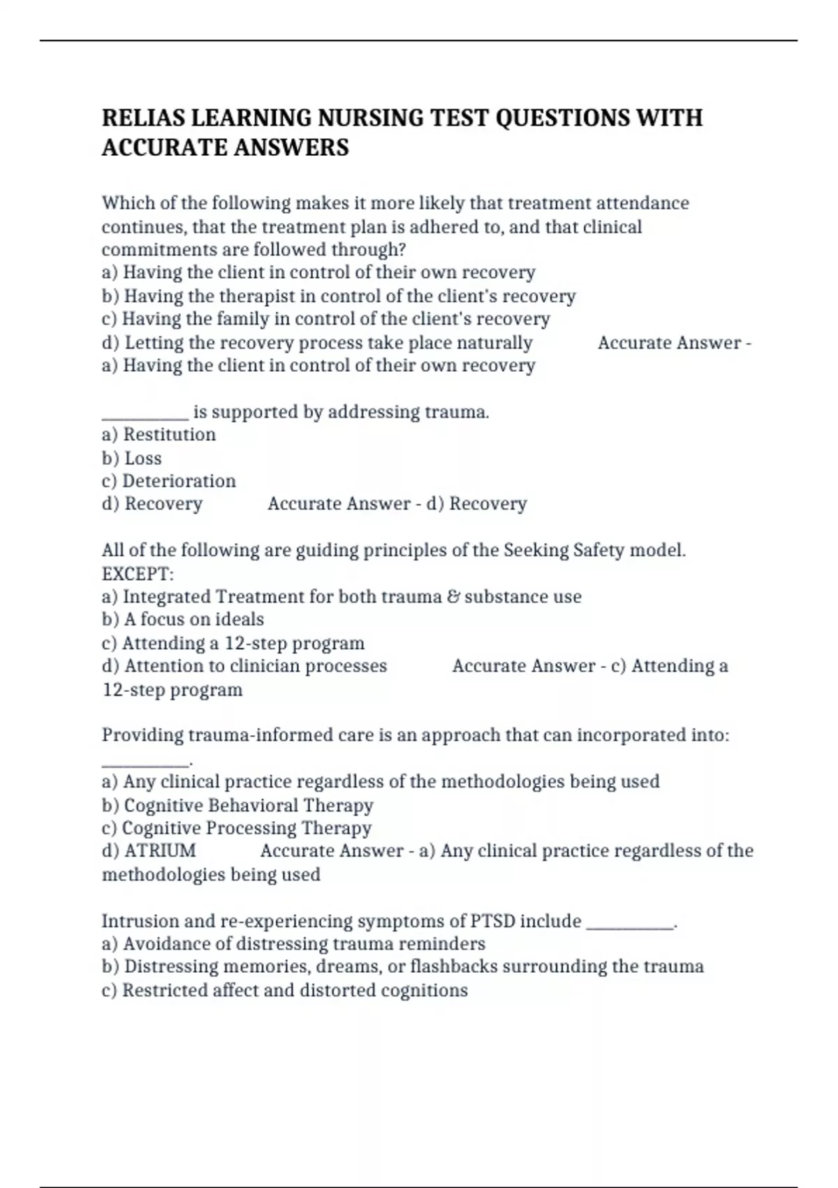 RELIAS LEARNING NURSING TEST QUESTIONS WITH ACCURATE ANSWERS - RELIAS ...