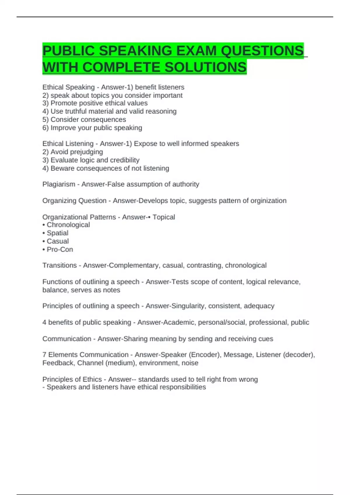 PUBLIC SPEAKING EXAM QUESTIONS WITH COMPLETE SOLUTIONS - PUBLIC ...