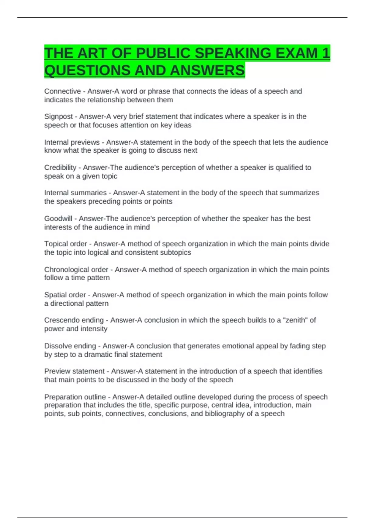 THE ART OF PUBLIC SPEAKING EXAM 1 QUESTIONS AND ANSWERS - PUBLIC ...