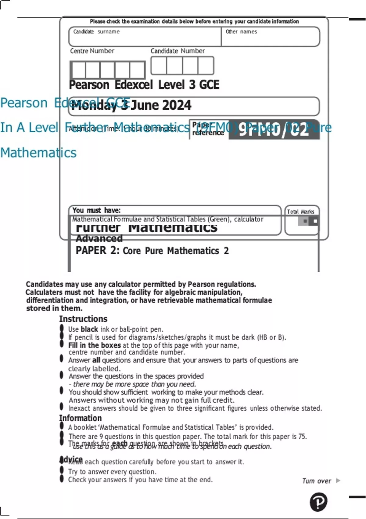 Pearson Edexcel GCE In A Level Further Mathematics (9FM0) Paper 02 Pure ...