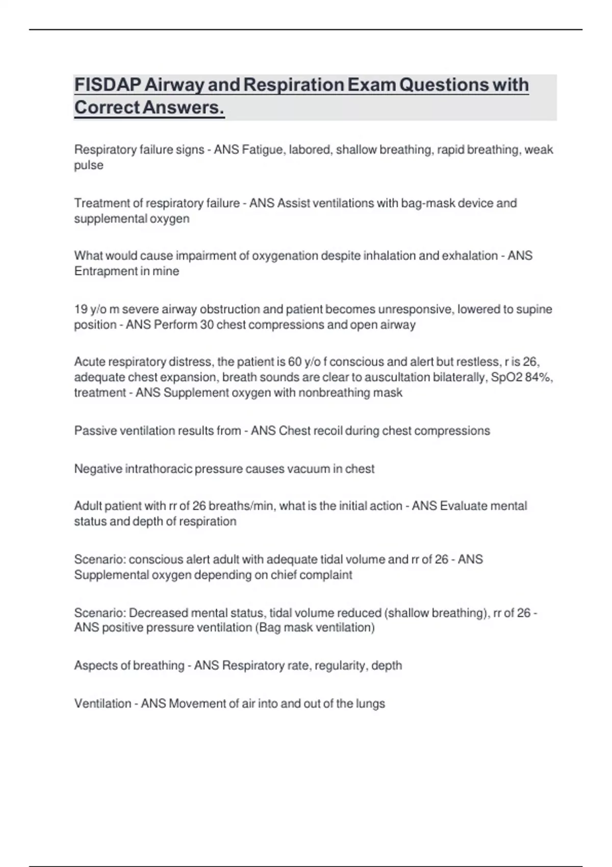 FISDAP Airway and Respiration Exam Questions with Correct Answers ...
