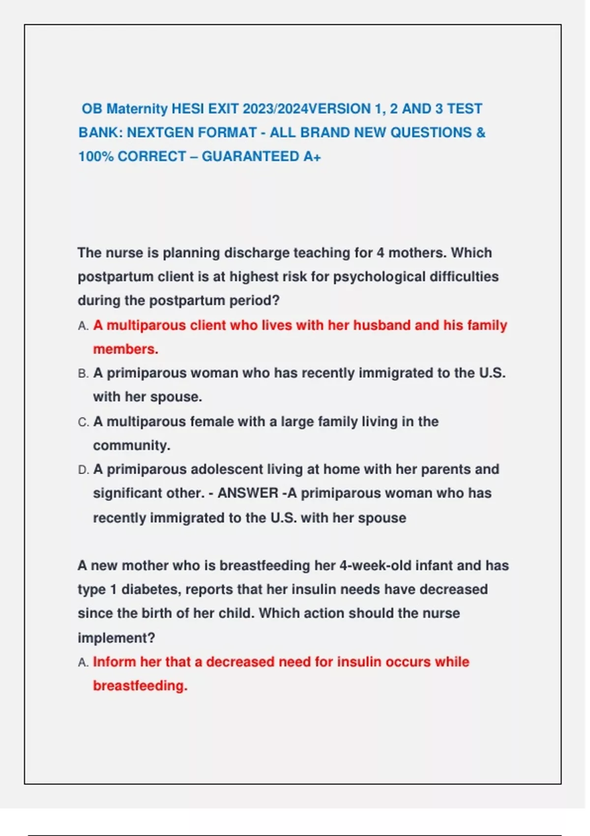 OB Maternity HESI EXIT 2023/2024VERSION 1, 2 AND 3 TEST BANK: NEXTGEN ...