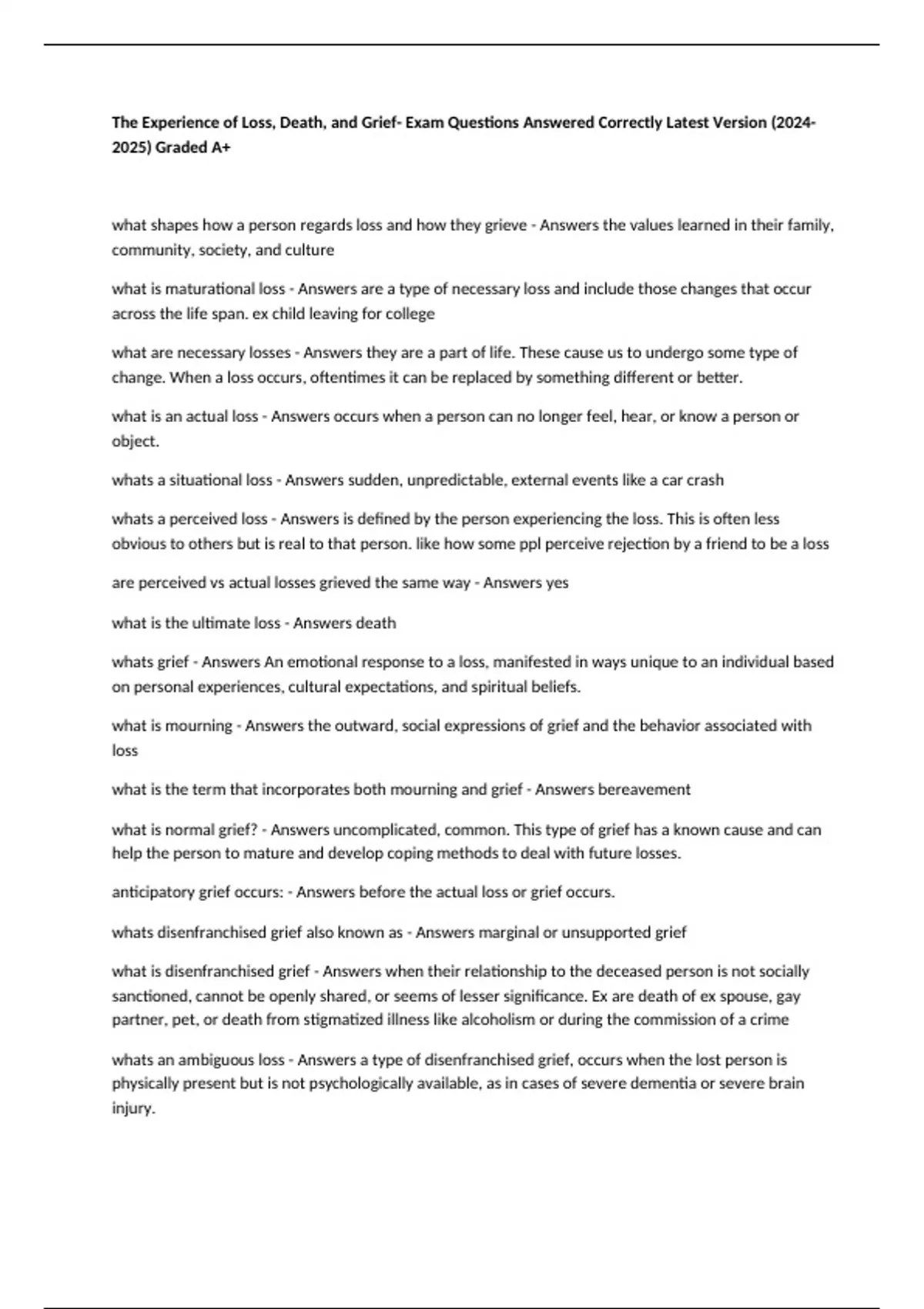 The Experience of Loss, Death, and Grief- Exam Questions Answered ...