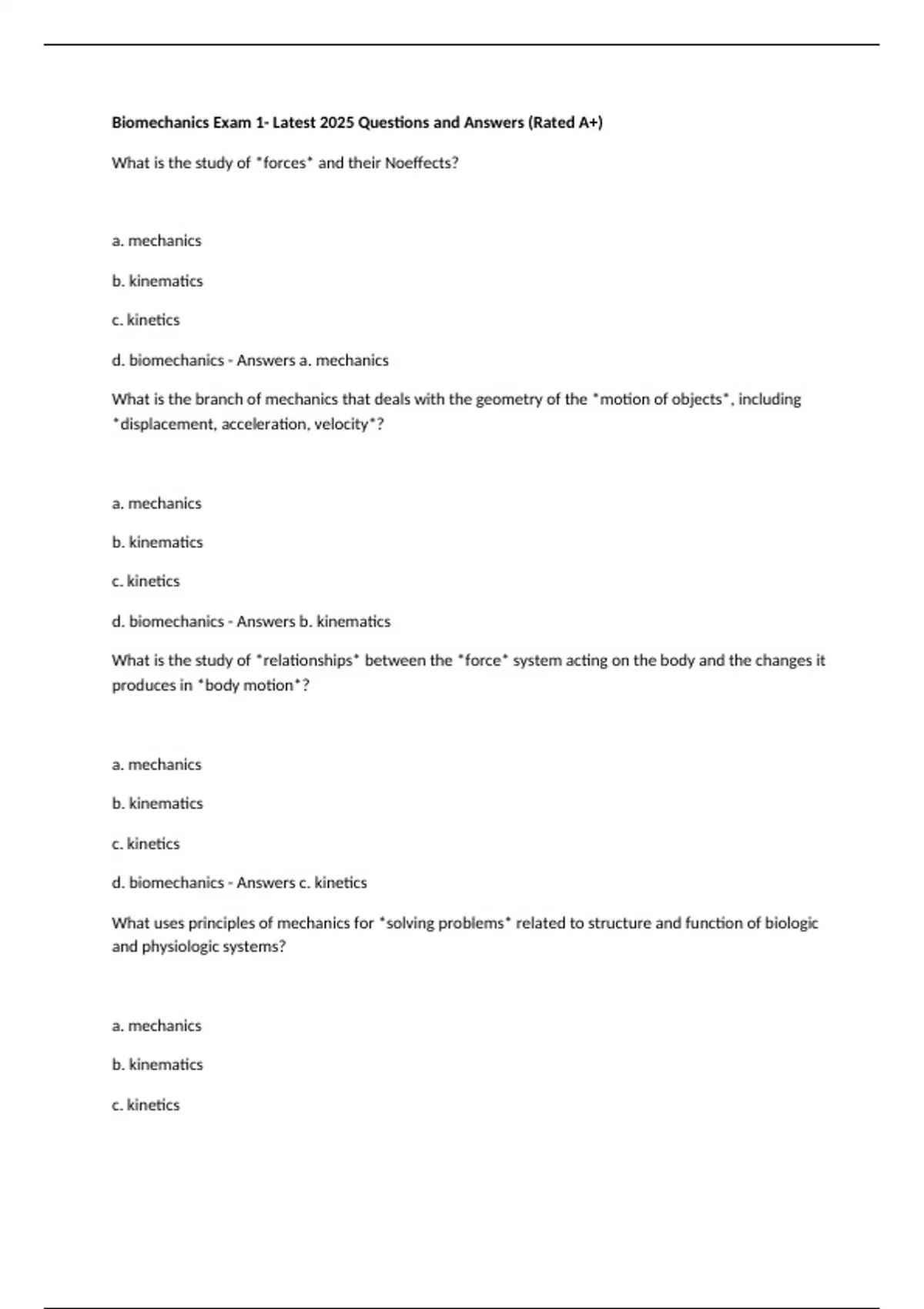 Biomechanics Exam 1- Latest 2025 Questions and Answers (Rated A+ ...