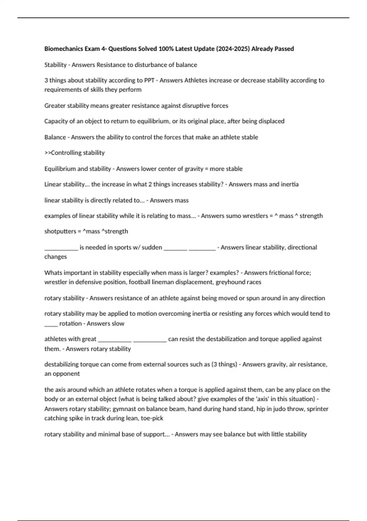 Biomechanics Exam 4- Questions Solved 100% Latest Update () Already ...