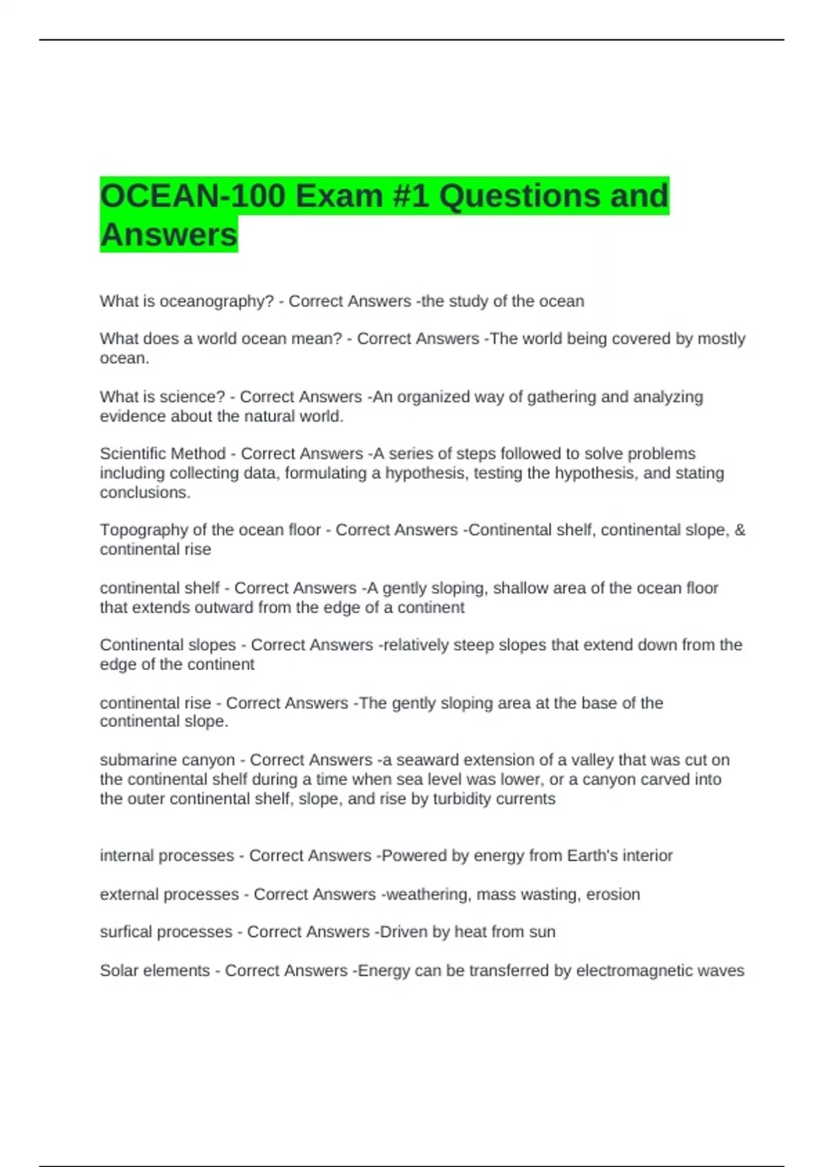 OCEAN-100 Exam #1 Questions and Answers - Ocean 100 - Stuvia US