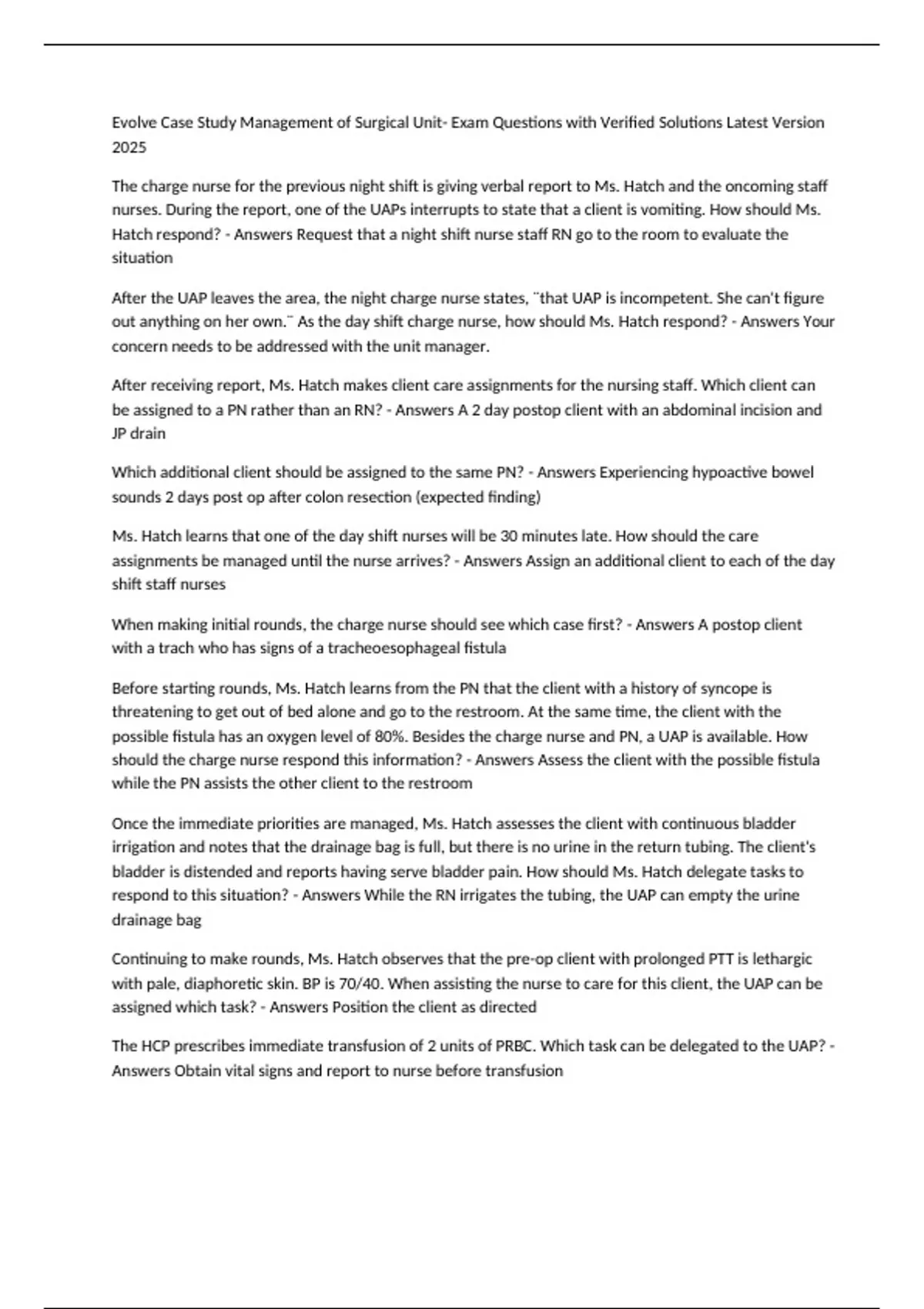 Evolve Case Study Management of Surgical Unit- Exam Questions with ...