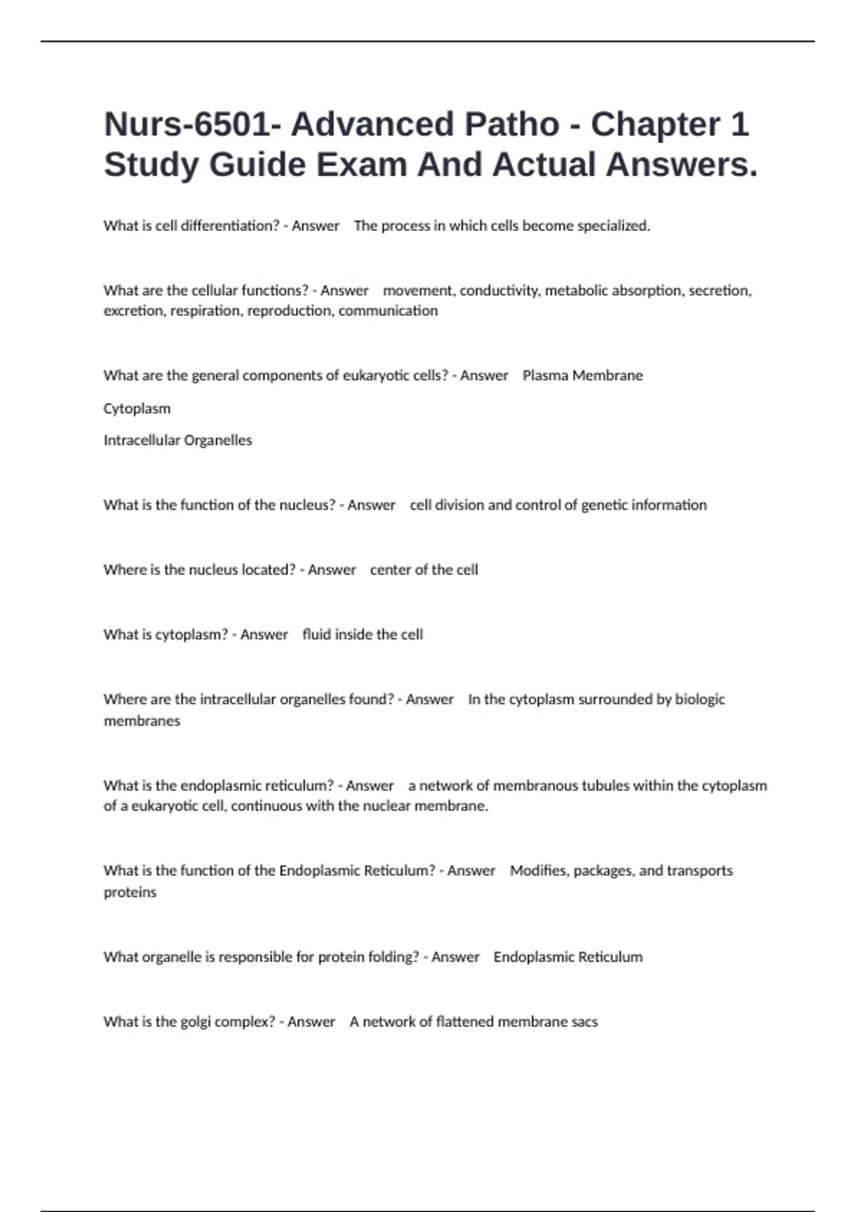 Nurs-6501- Advanced Patho - Chapter 1 Study Guide Exam And Actual Answers. - NURS 6501 - Stuvia US
