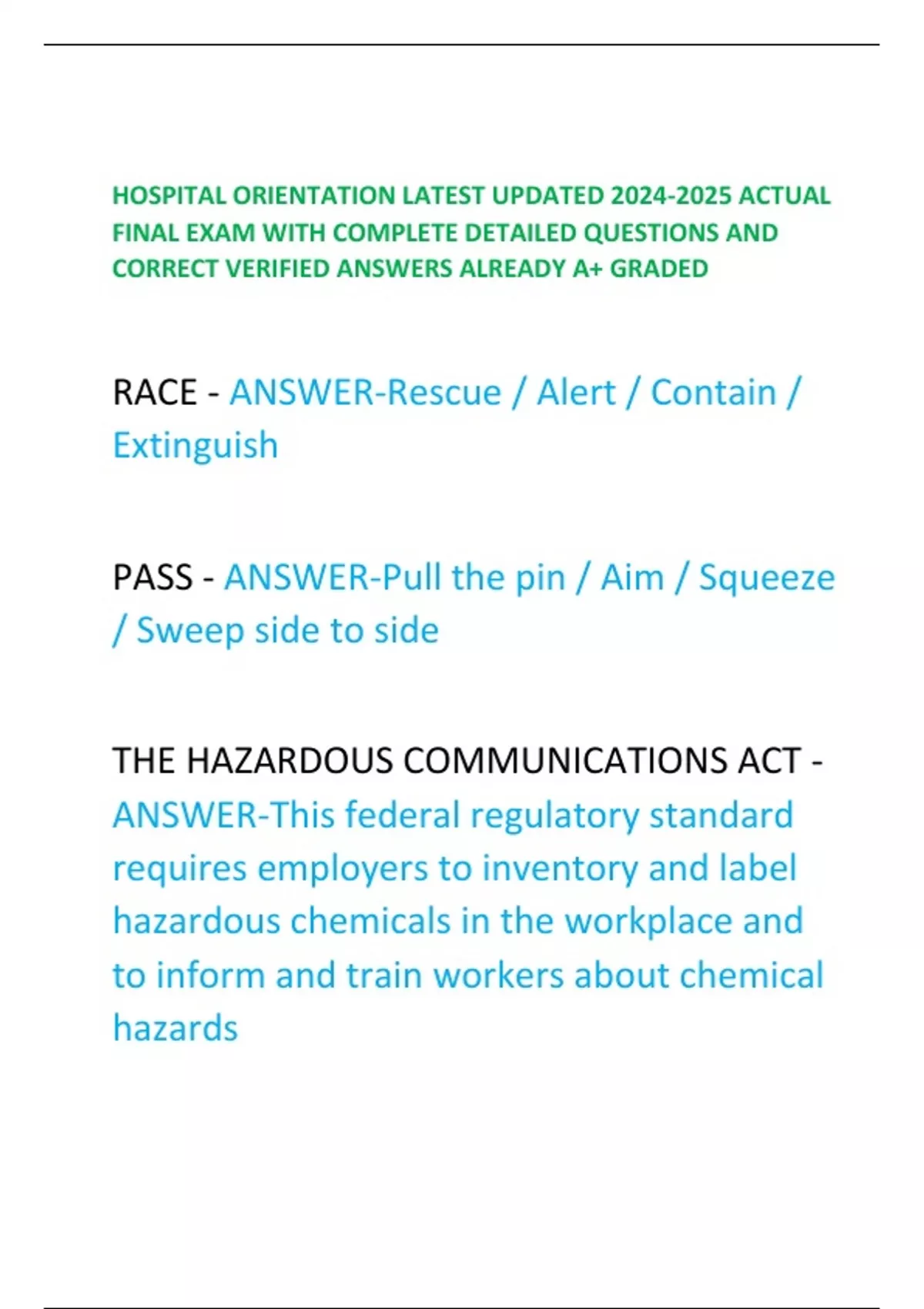 HOSPITAL ORIENTATION LATEST UPDATED ACTUAL FINAL EXAM WITH COMPLETE ...