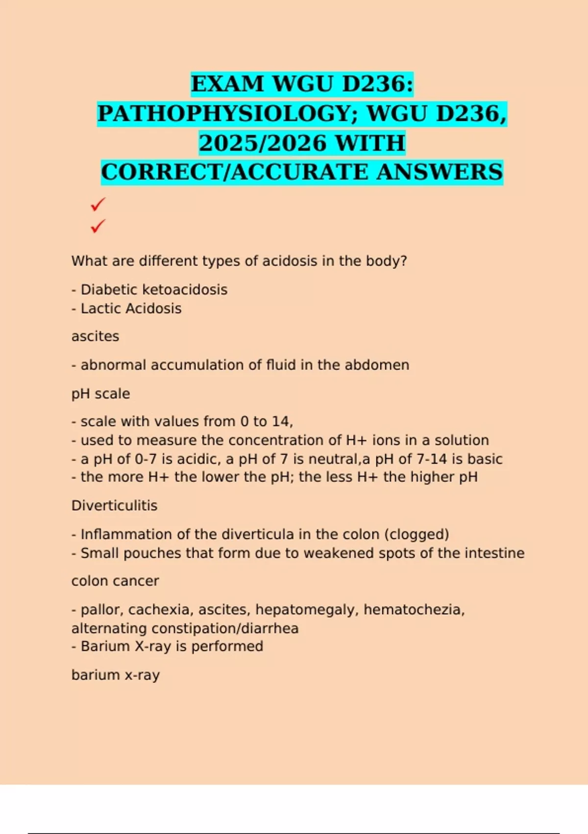 EXAM WGU D236: PATHOPHYSIOLOGY; WGU D236, 2025/2026 WITH CORRECT/ACCURATE ANSWERS ...