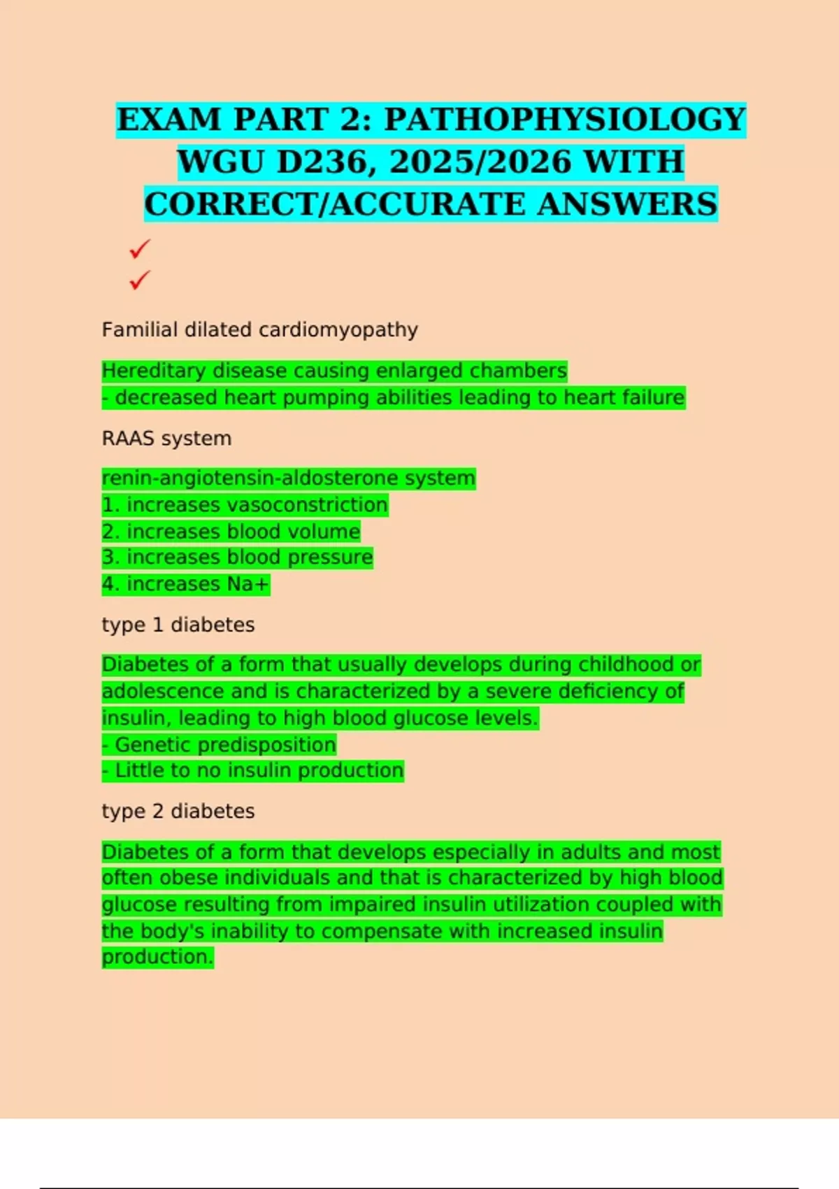 EXAM PART 2: PATHOPHYSIOLOGY WGU D236, 2025/2026 WITH CORRECT/ACCURATE ...