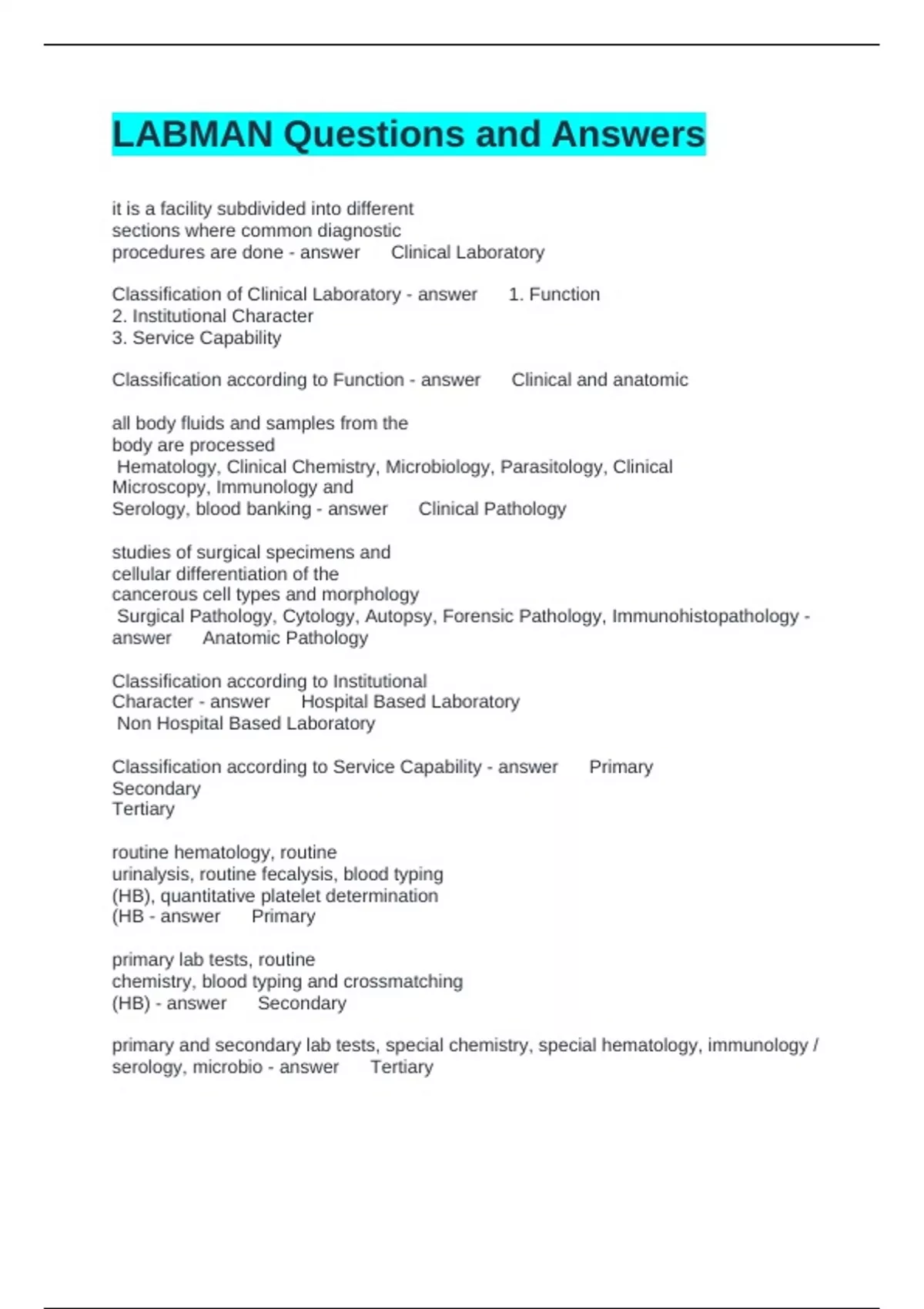 LABMAN Questions and Answers - Laboratory management - Stuvia US
