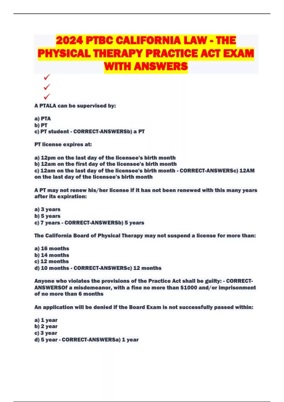 2024 PTBC CALIFORNIA LAW - THE PHYSICAL THERAPY PRACTICE ACT EXAM WITH ...