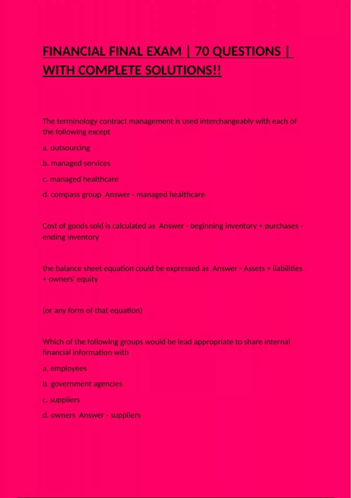 FINANCIAL FINAL EXAM | 70 QUESTIONS | WITH COMPLETE SOLUTIONS ...