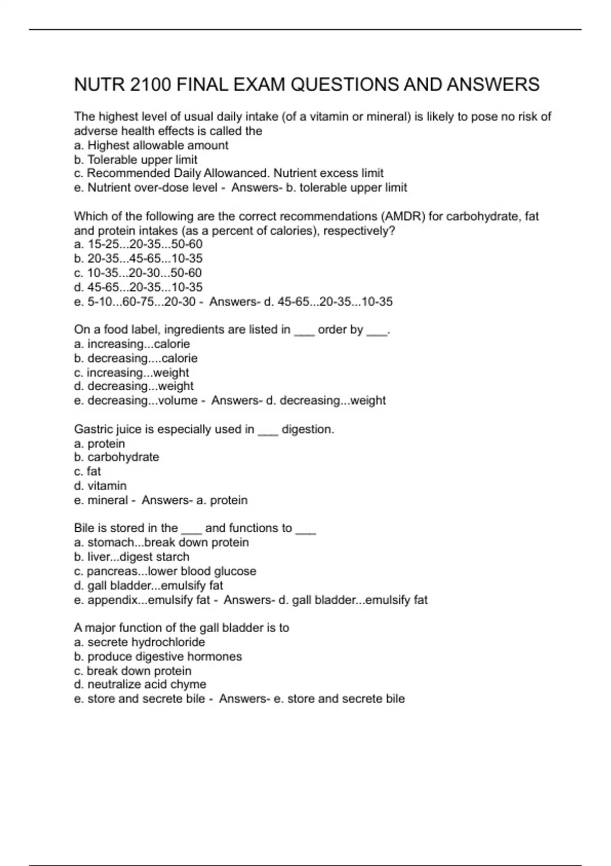 NUTR 2100 FINAL EXAM QUESTIONS AND ANSWERS - NUTR 2100 - Stuvia US