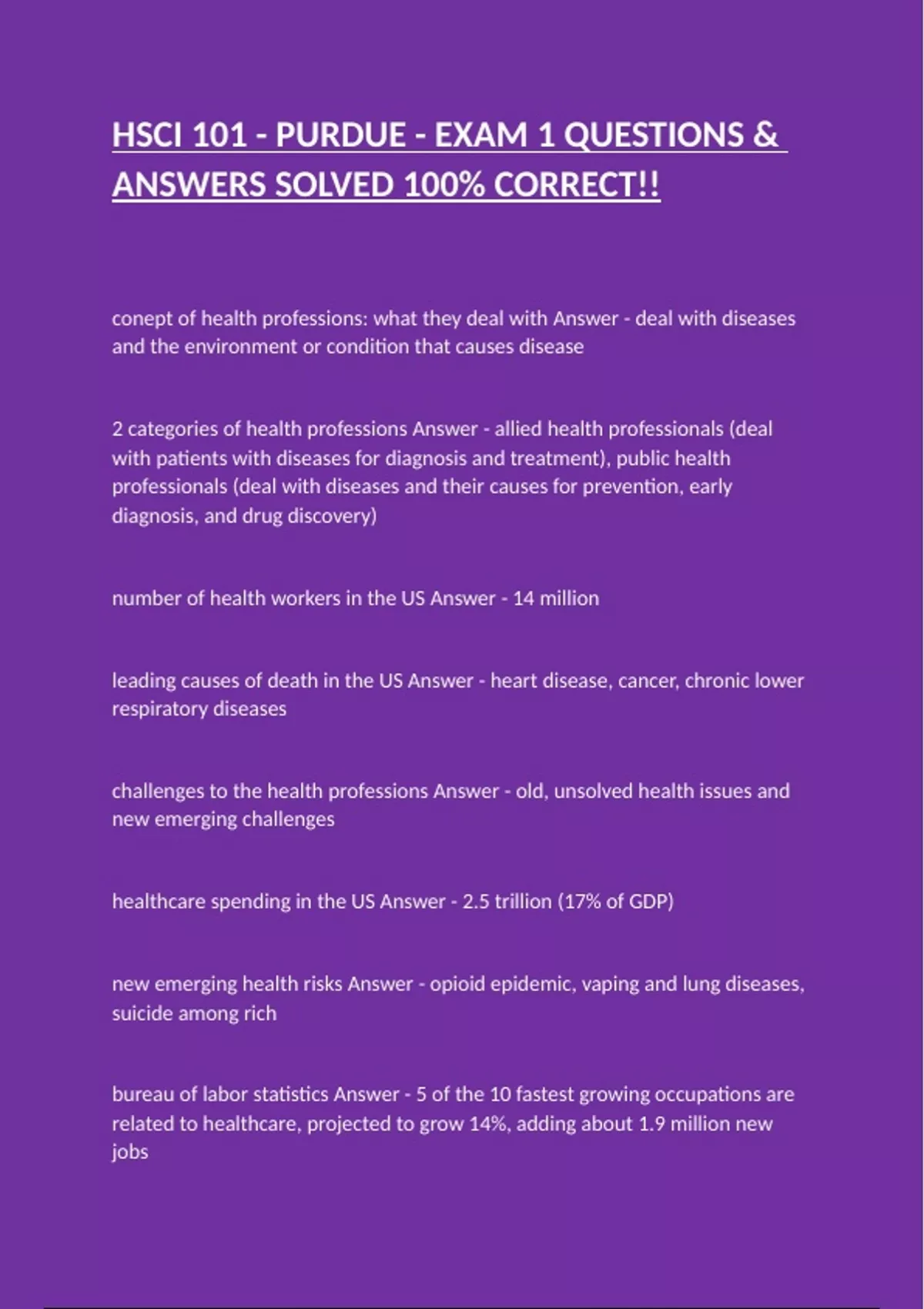 HSCI 101 - PURDUE - EXAM 1 QUESTIONS & ANSWERS SOLVED 100% CORRECT!! - HSCI 101 - Stuvia US