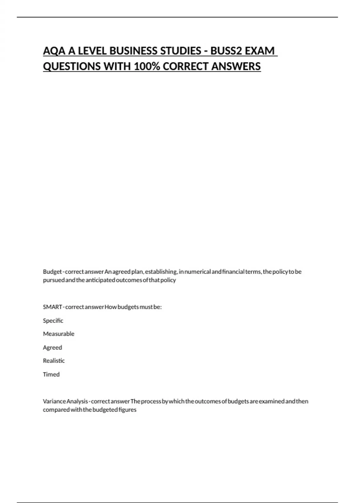 AQA A LEVEL BUSINESS STUDIES - BUSS2 EXAM QUESTIONS WITH 100- CORRECT ...