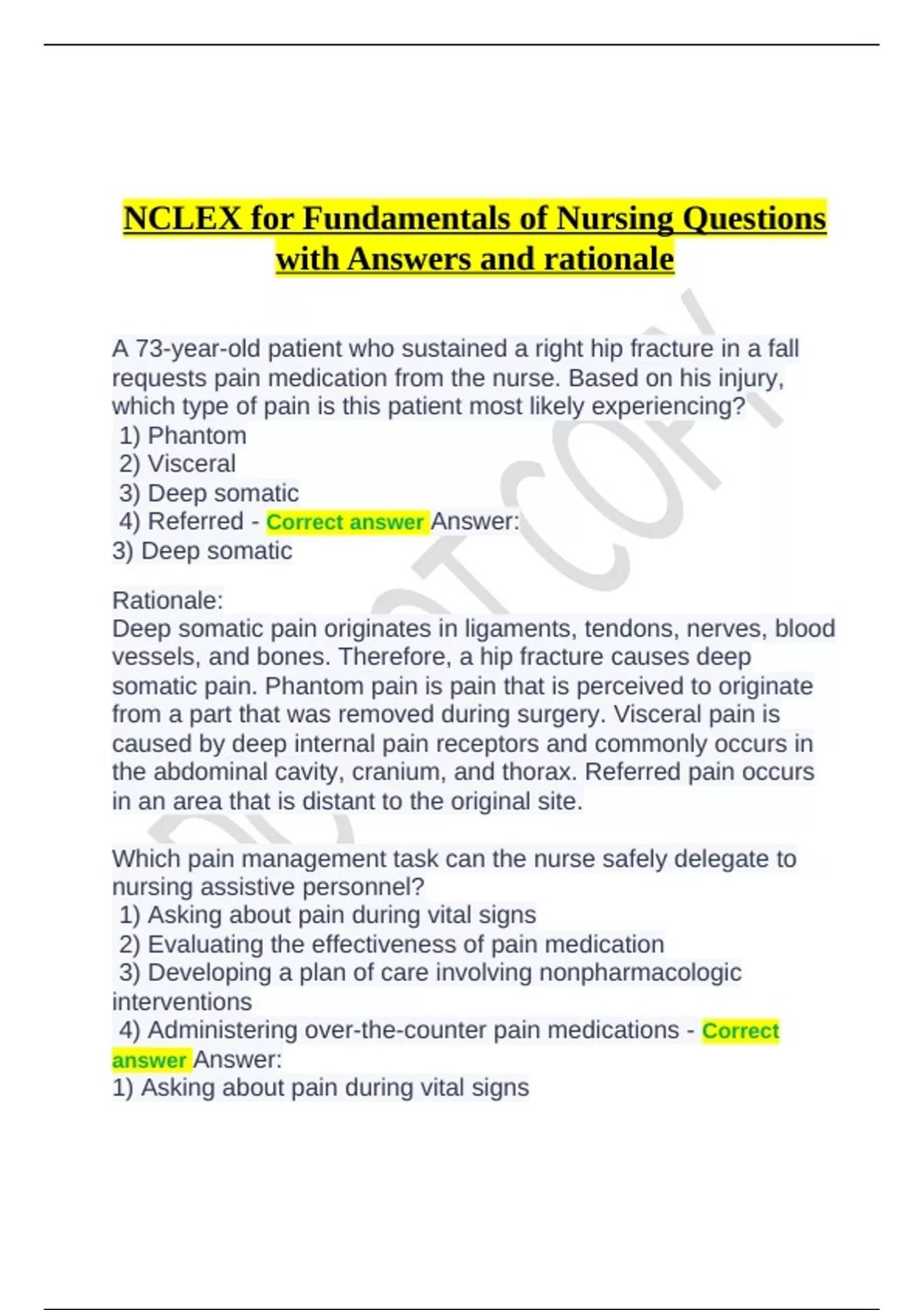 Nclex for Fundamentals of Nursing Questions with Answers and rationale ...