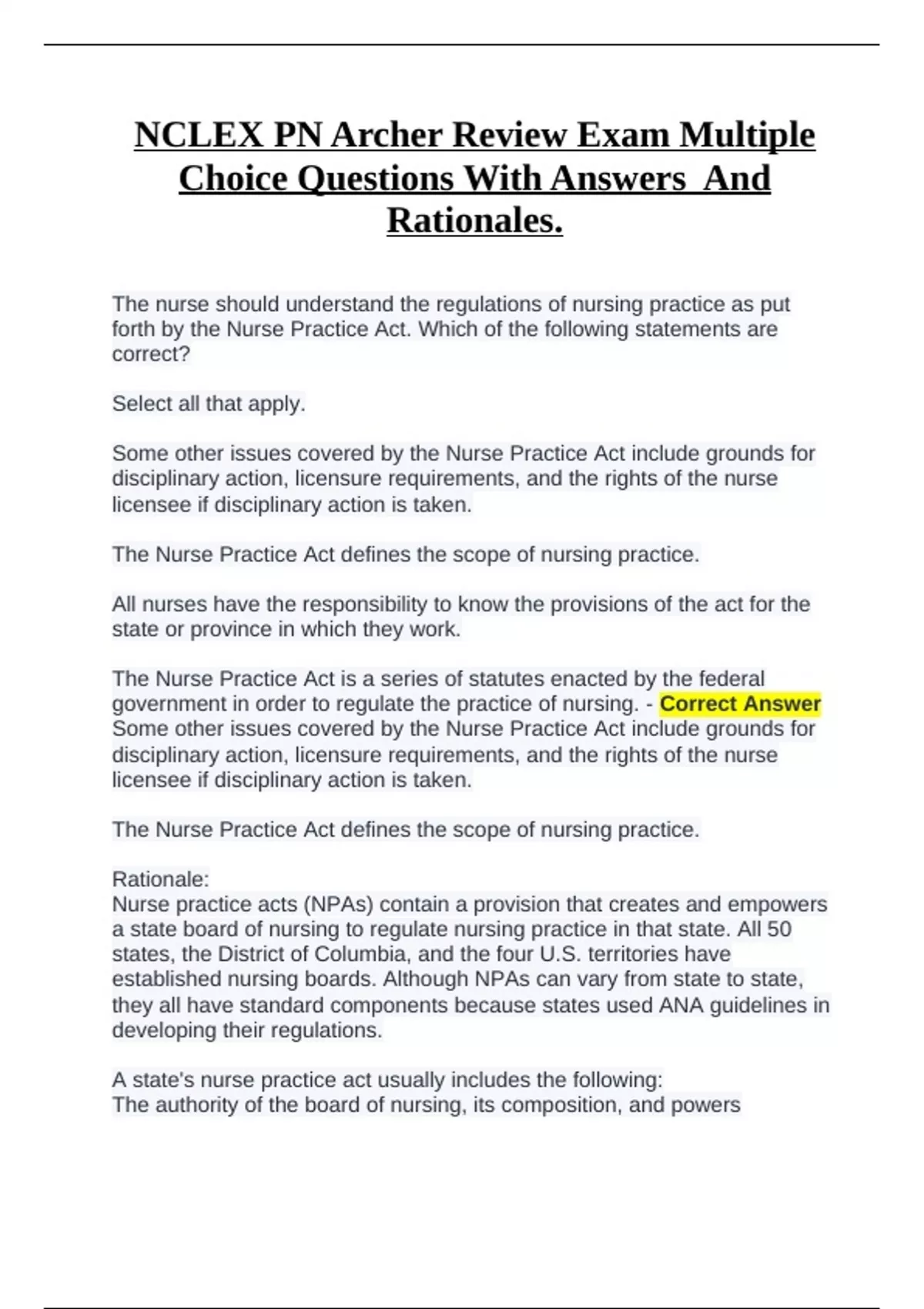 NCLEX PN ARCHER REVIEW EXAM WITH ANSWERS AND RATIONALES. - NCLEX RN ...