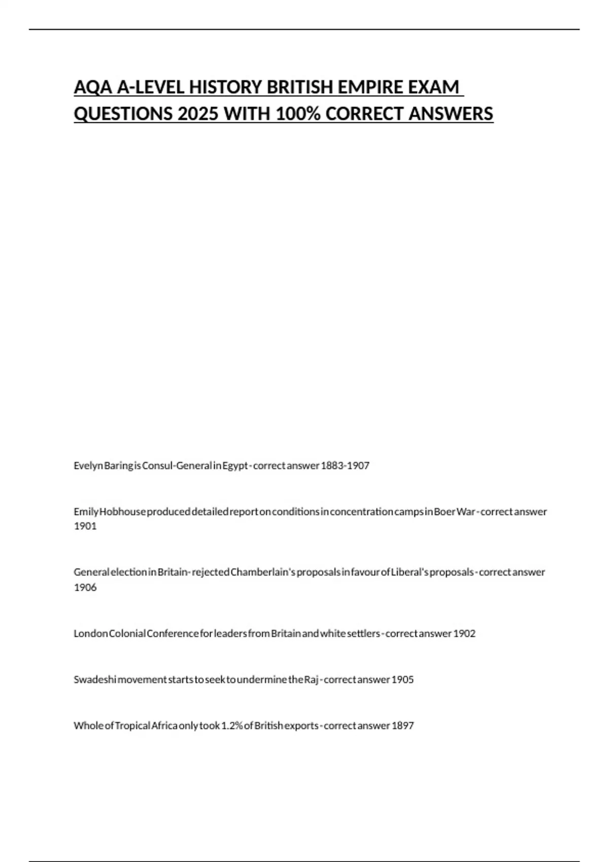 AQA A-LEVEL HISTORY BRITISH EMPIRE EXAM QUESTIONS 2025 WITH 100- CORRECT ANSWERS - AQA A LEVEL ...