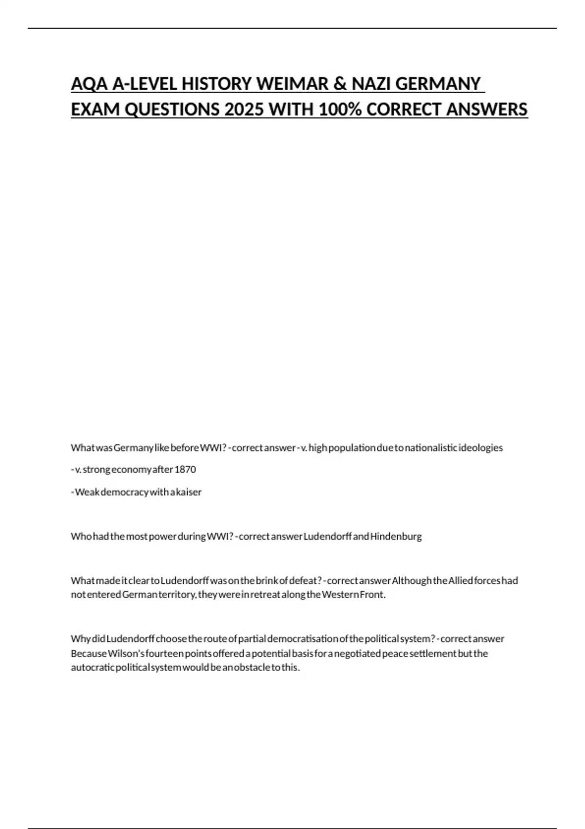 AQA A-LEVEL HISTORY WEIMAR & NAZI GERMANY EXAM QUESTIONS 2025 WITH 100 ...
