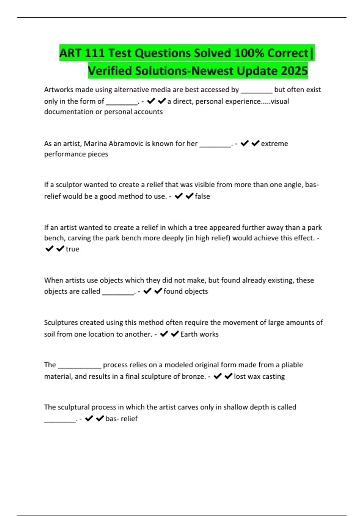 ART 111 Test Questions Solved 100% Correct| Verified Solutions-Newest ...