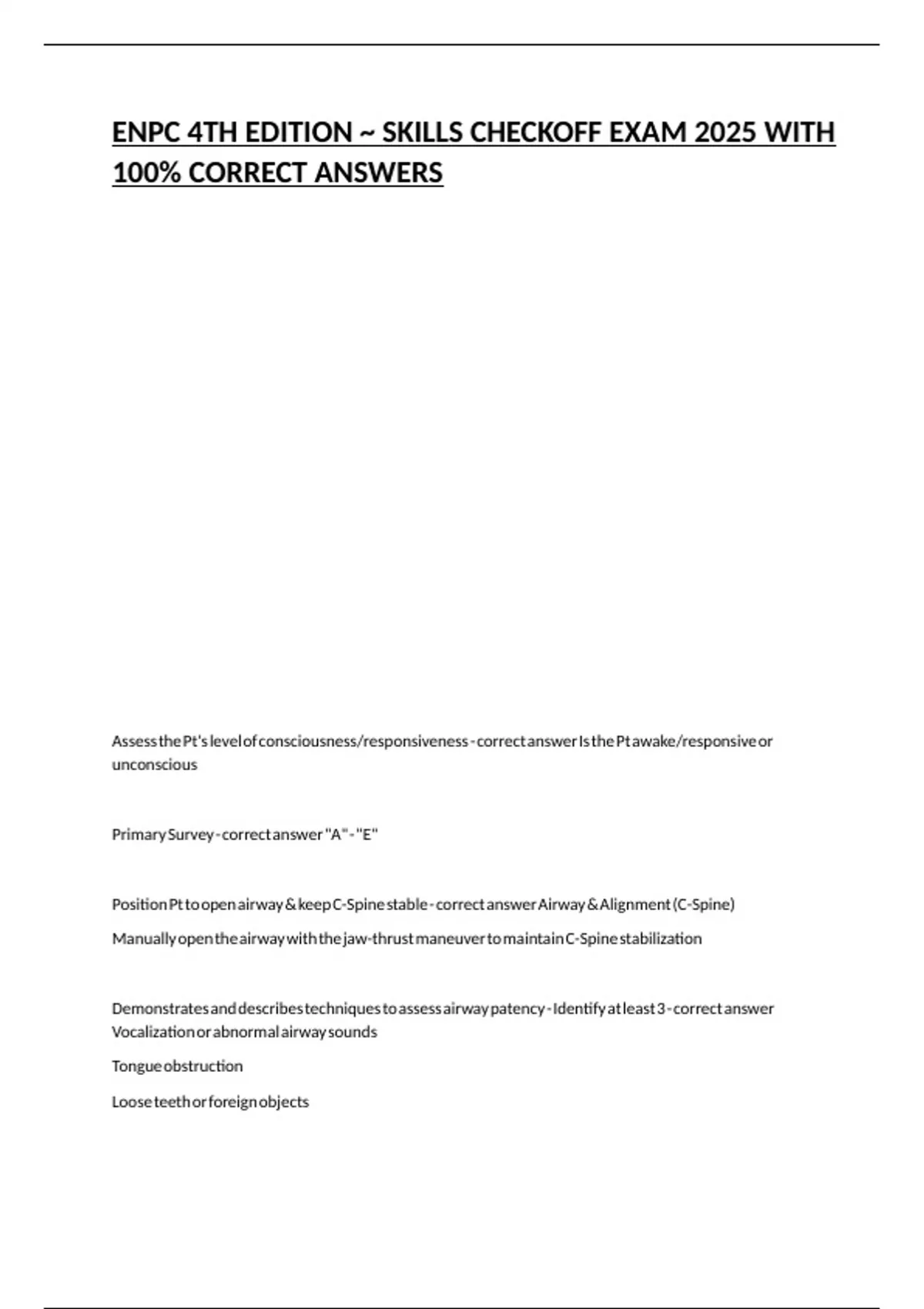 ENPC 4TH EDITION - SKILLS CHECKOFF EXAM 2025 WITH 100- CORRECT ANSWERS ...