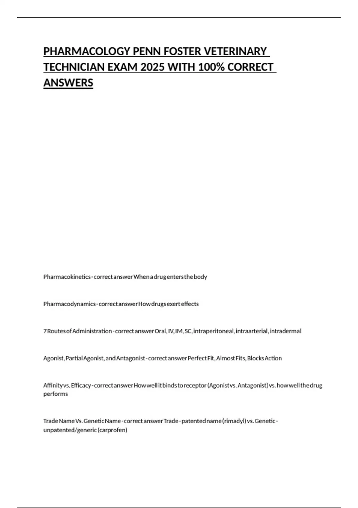 PHARMACOLOGY PENN FOSTER VETERINARY TECHNICIAN EXAM 2025 WITH 100 ...