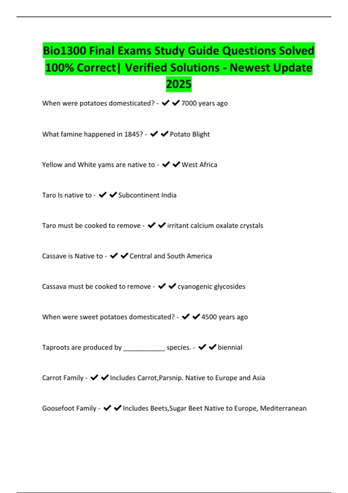 Bio1300 Final Exams Study Guide Questions Solved 100% Correct| Verified Solutions - Newest ...