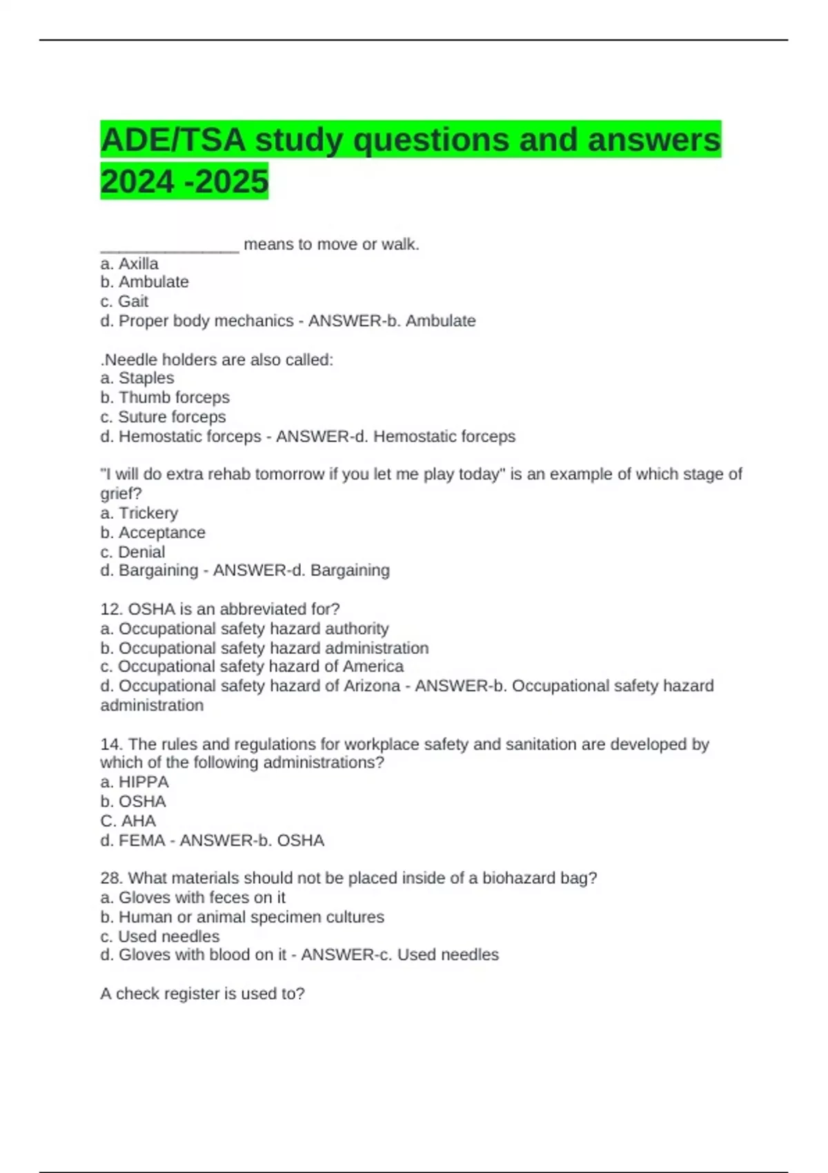 ADE/TSA study questions and answers - ADE/TSA - Stuvia US
