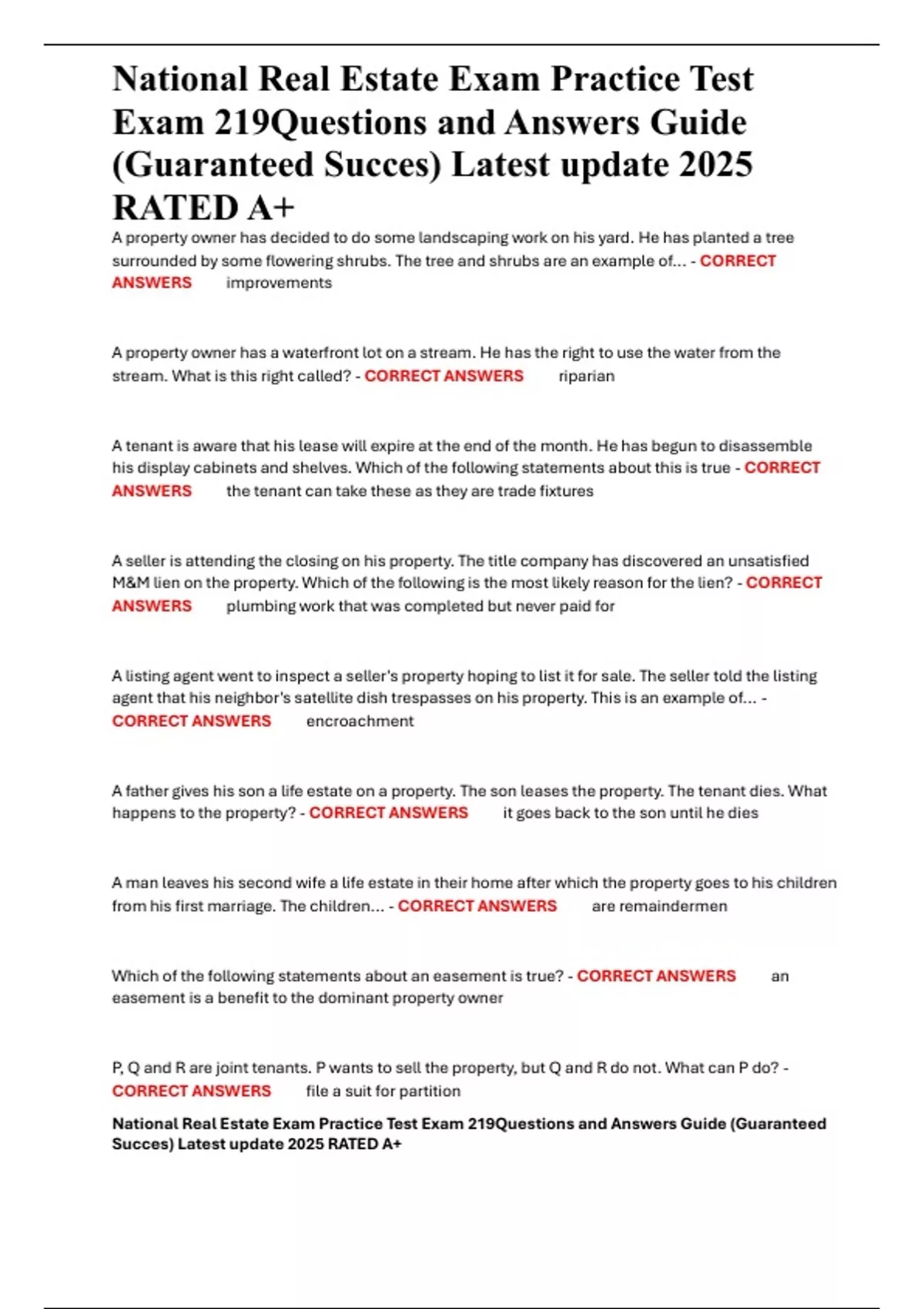 National Real Estate Exam Practice Test Exam 219Questions and Answers ...