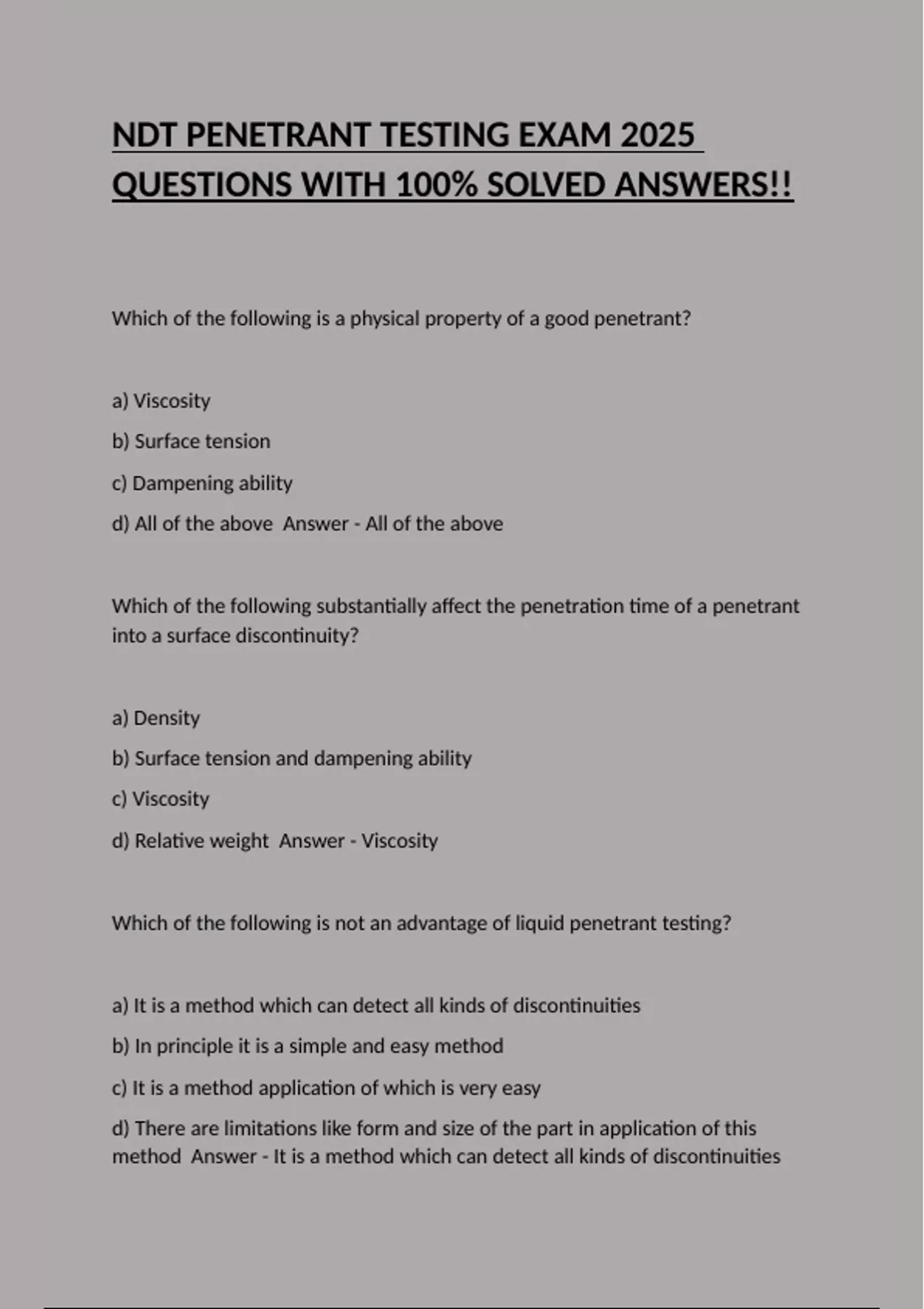 NDT PENETRANT TESTING EXAM 2025 QUESTIONS WITH 100% SOLVED ANSWERS ...