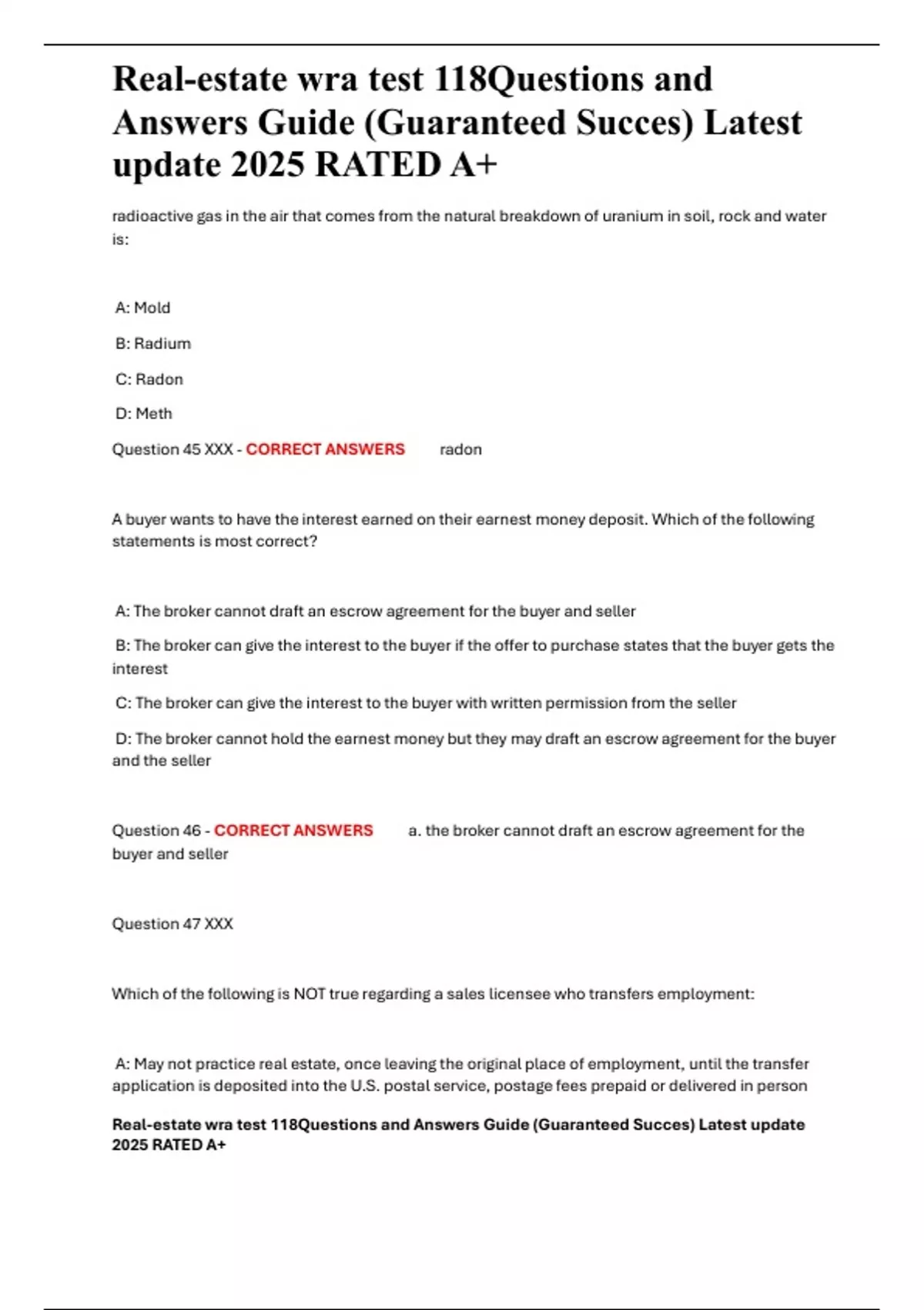Real-estate wra test 118Questions and Answers Guide (Guaranteed Succes ...