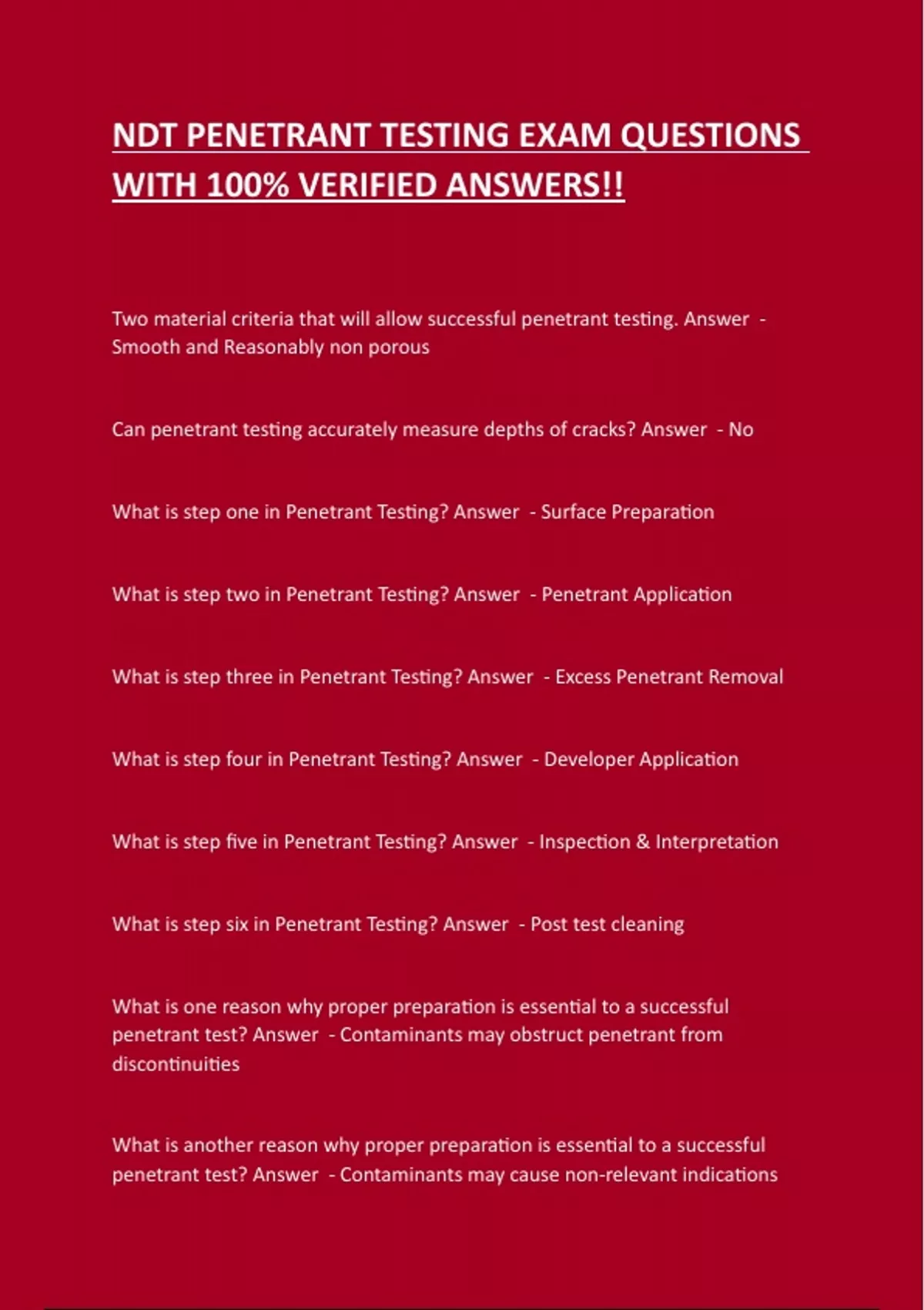 NDT PENETRANT TESTING EXAM QUESTIONS WITH 100% VERIFIED ANSWERS!! - NDT ...