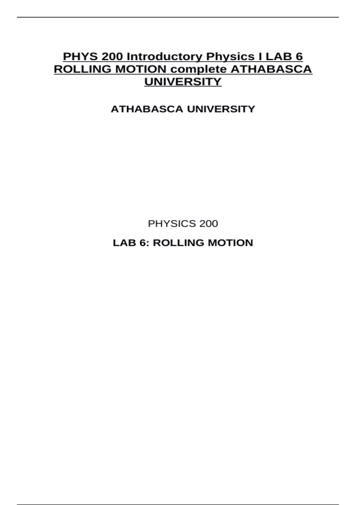 PHYS 200 Introductory Physics I LAB 6 ROLLING MOTION complete ATHABASCA ...