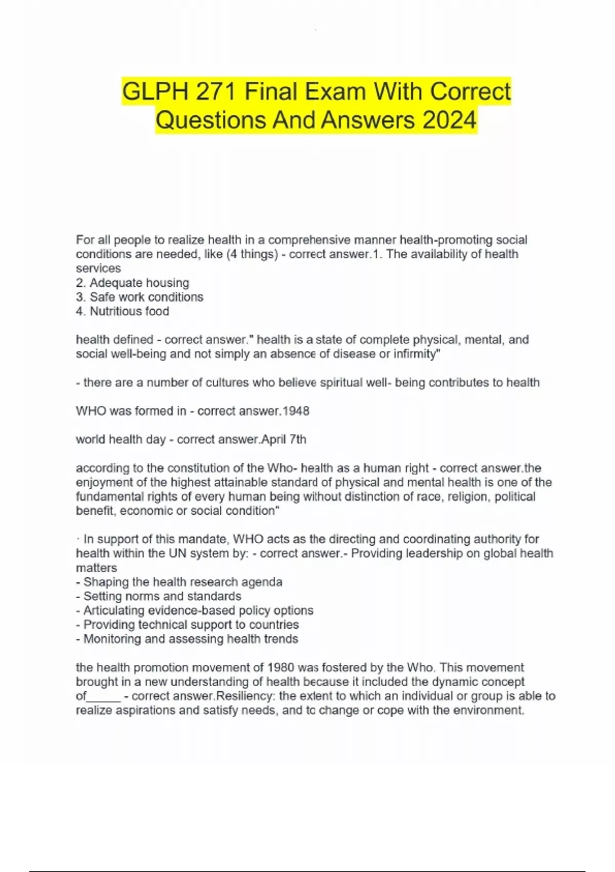 GLPH 271 Final Exam With Correct Questions And Answers 2024 - GLPH 271 ...