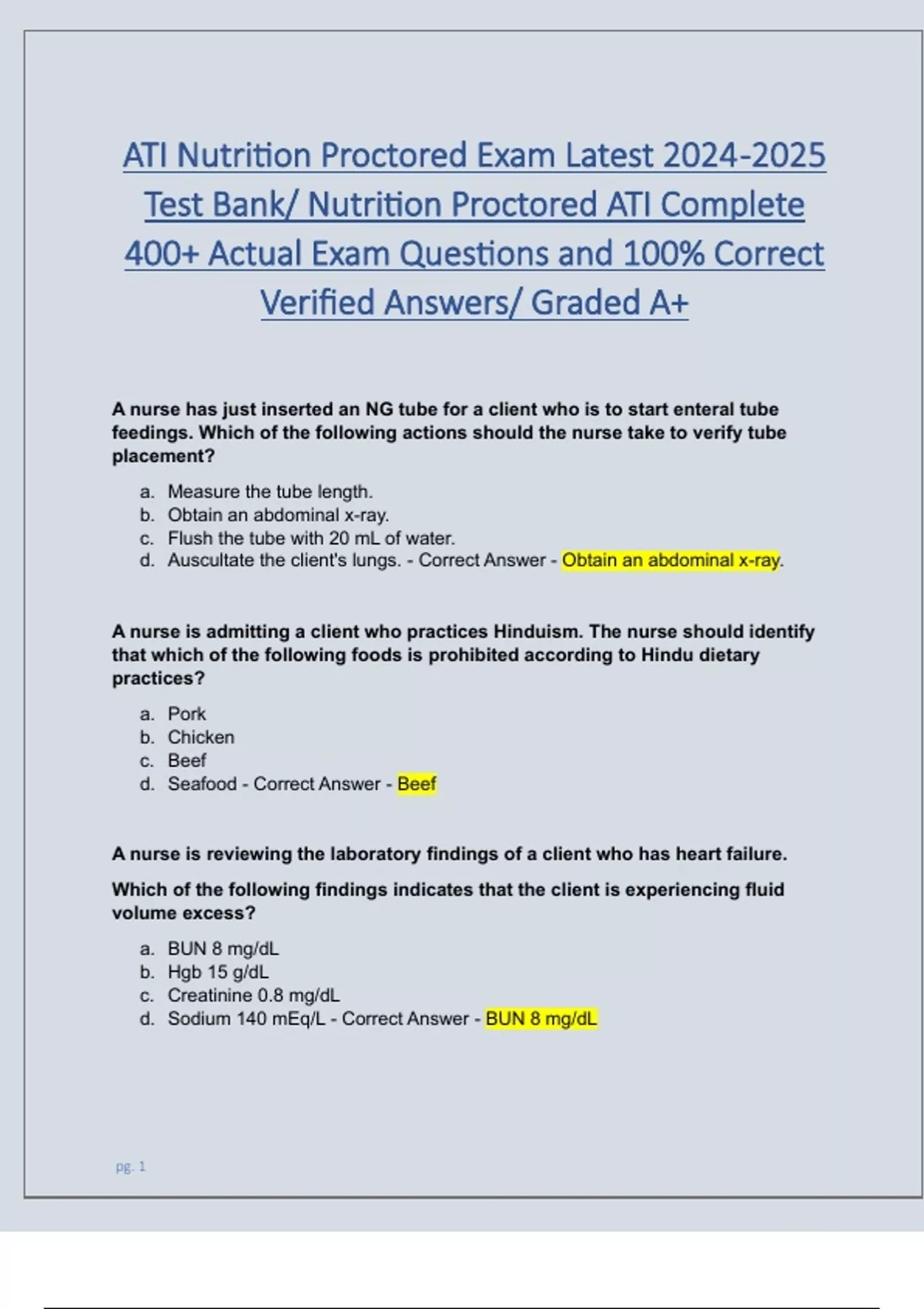 ATI Nutrition Proctored Exam Latest Test Bank/ Nutrition Proctored ATI ...