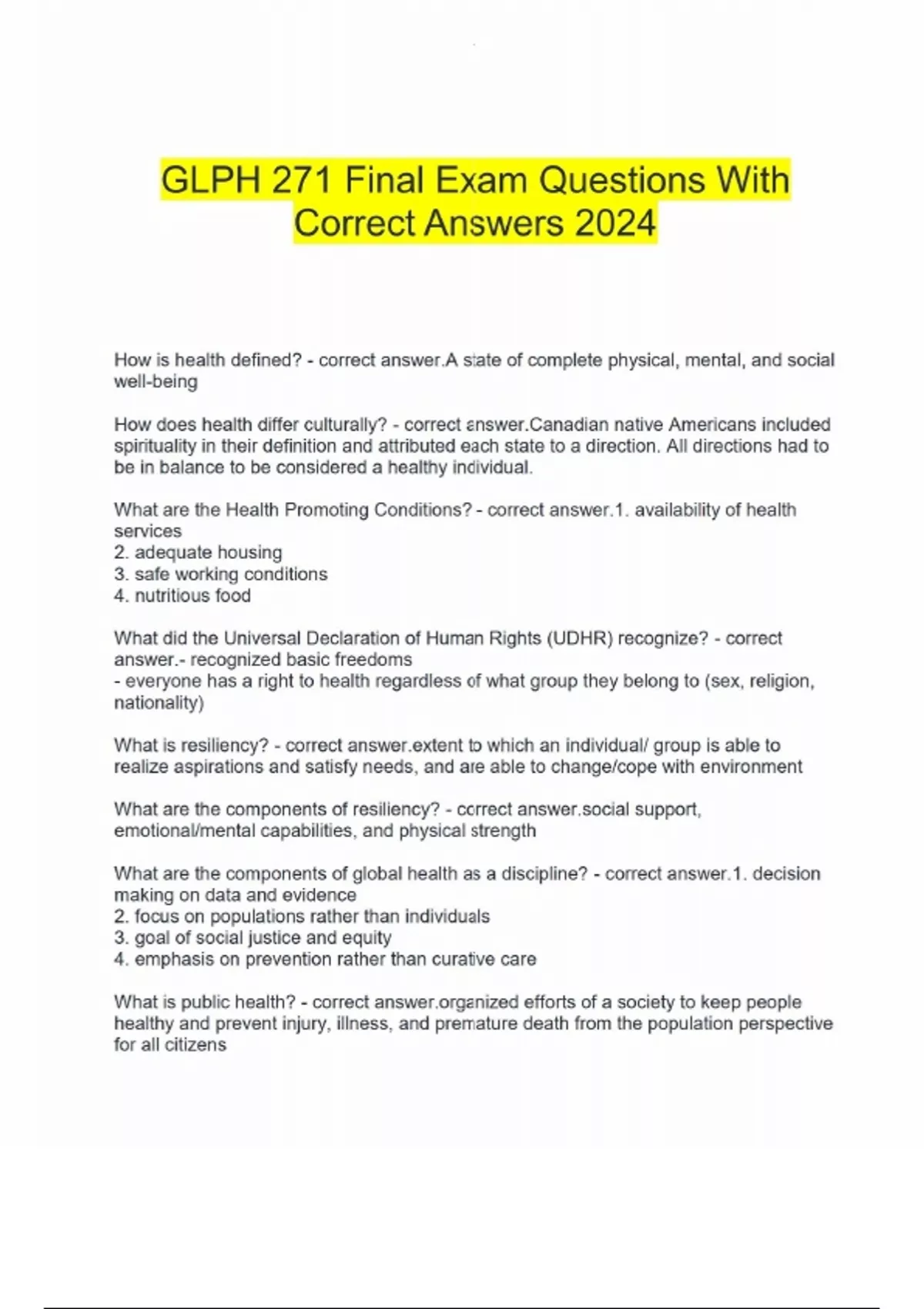GLPH 271 Final Exam Questions With Correct Answers 2024 - GLPH 271 ...