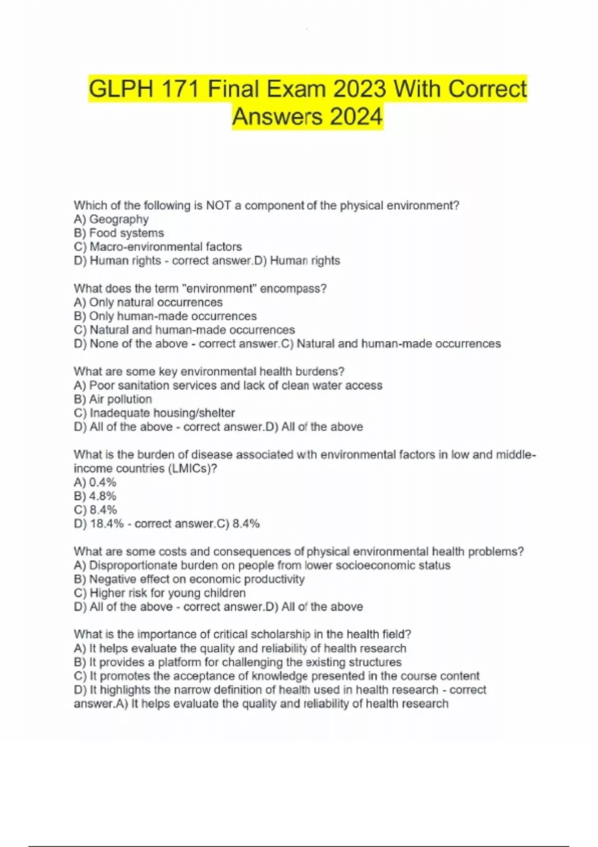GLPH 171 Final Exam 2023 With Correct Answers 2024 - GLPH 171 - Stuvia US