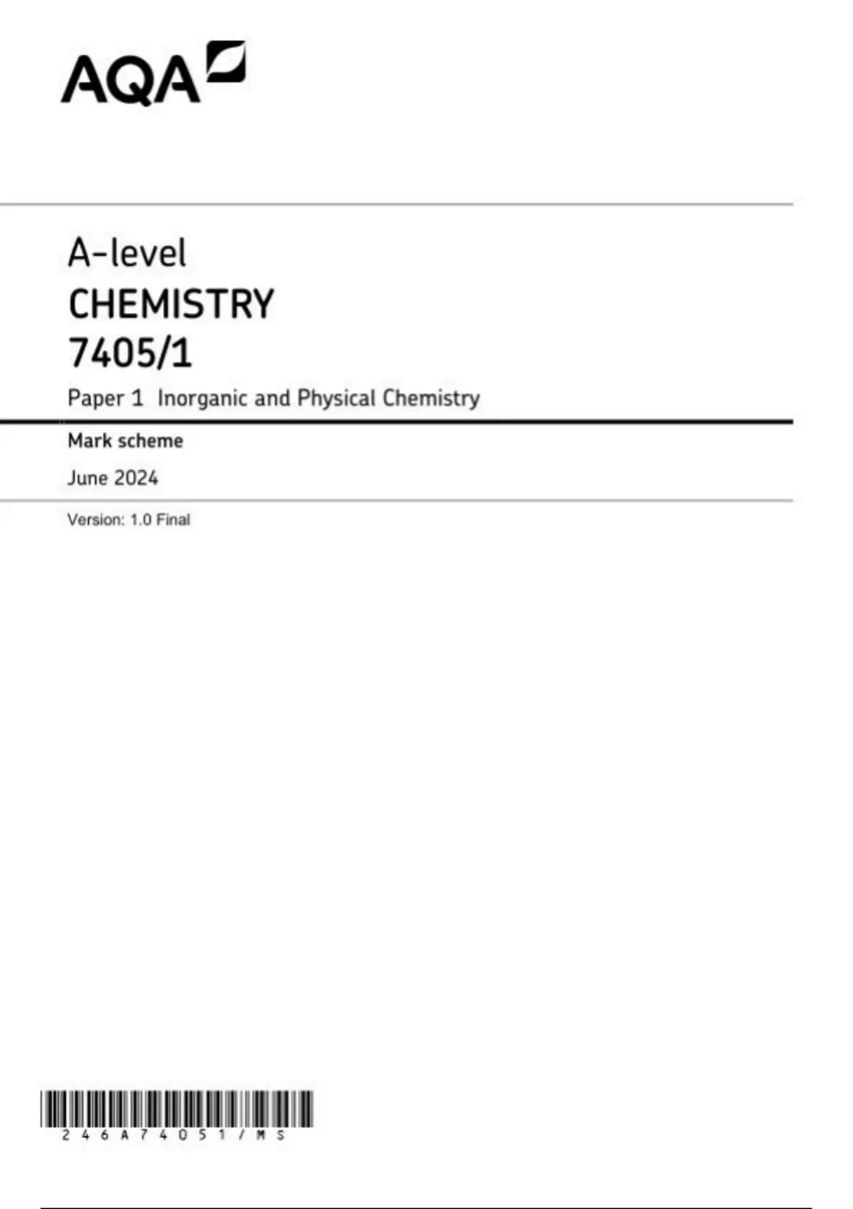 AQA A-level CHEMISTRY 7405/1 Paper 1 Inorganic and Physical Chemistry ...