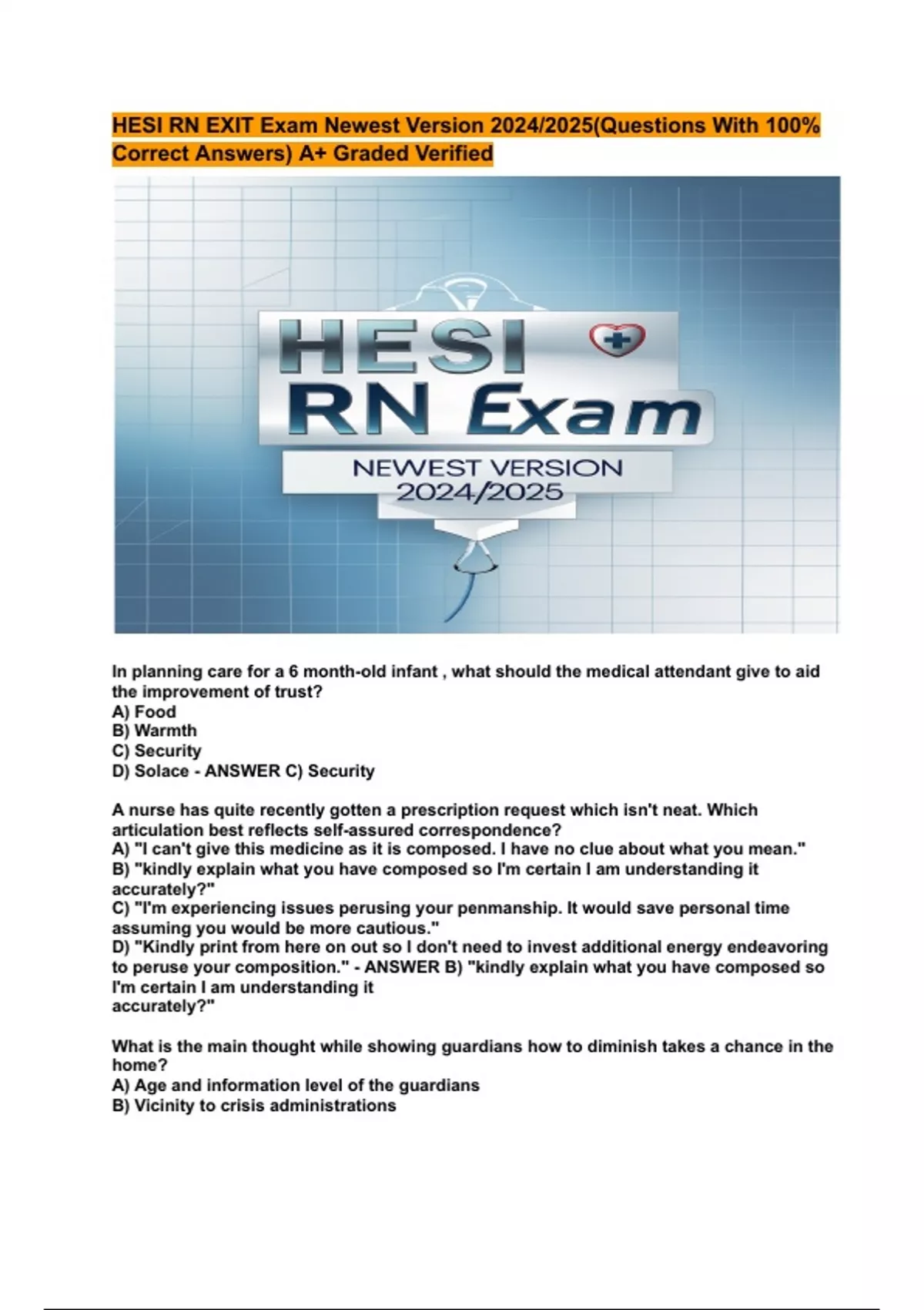 HESI RN EXIT Exam Newest Version 2024/2025(Questions With 100% Correct ...