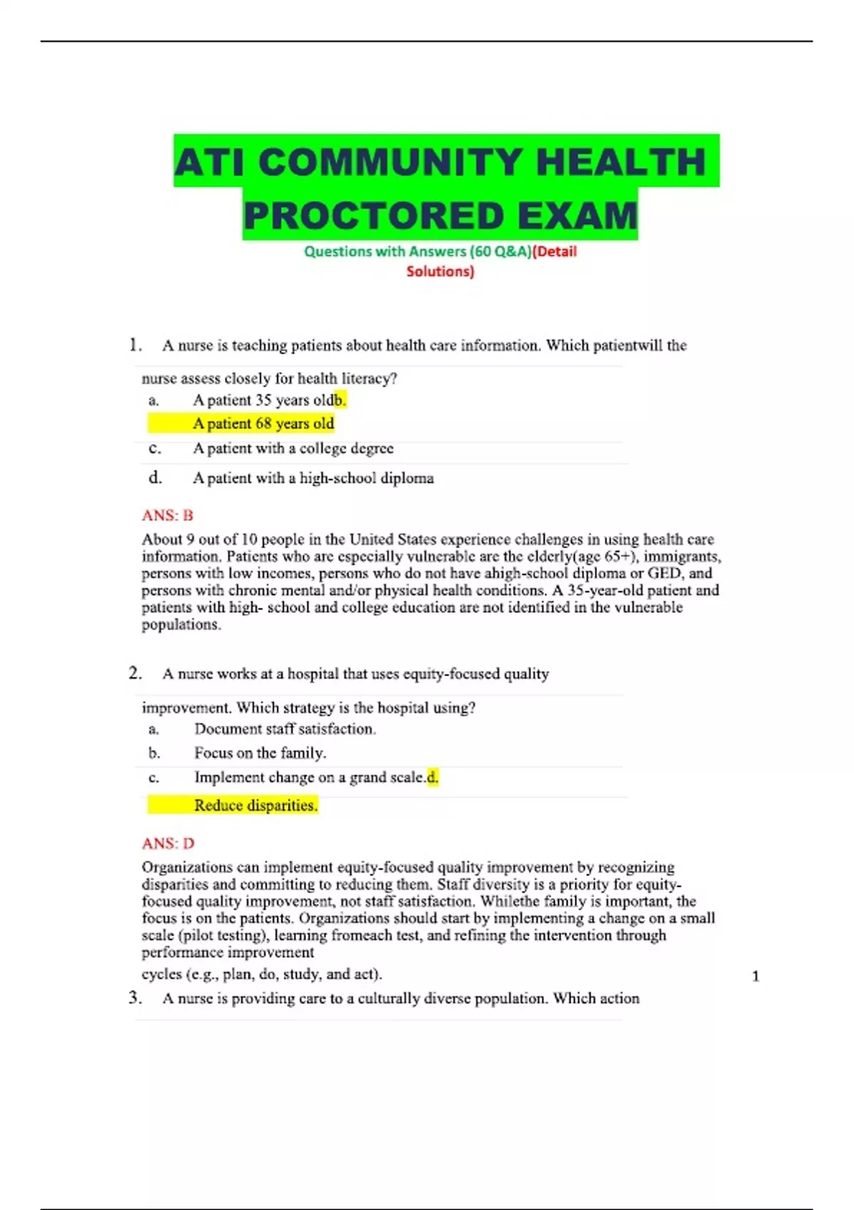 ATI COMMUNITY HEALTH PROCTORED EXAM Questions with Answers (60 Q & A ...
